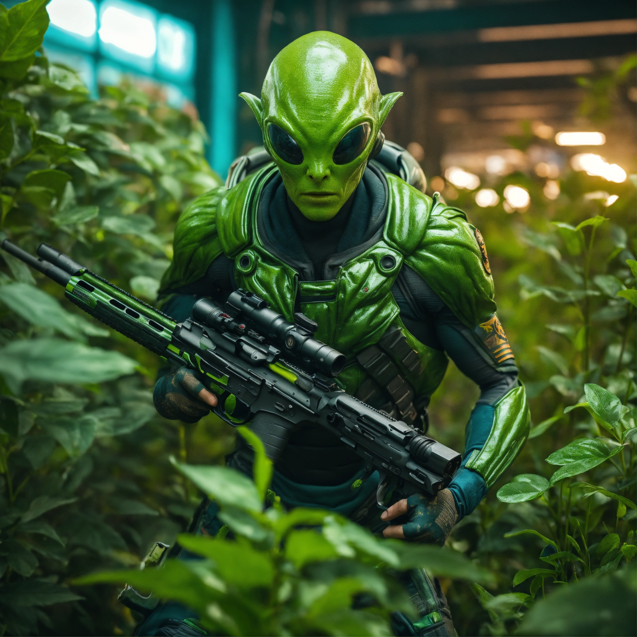 Lexica - Injured muscular alien hiding among plants with gun in hand in ...