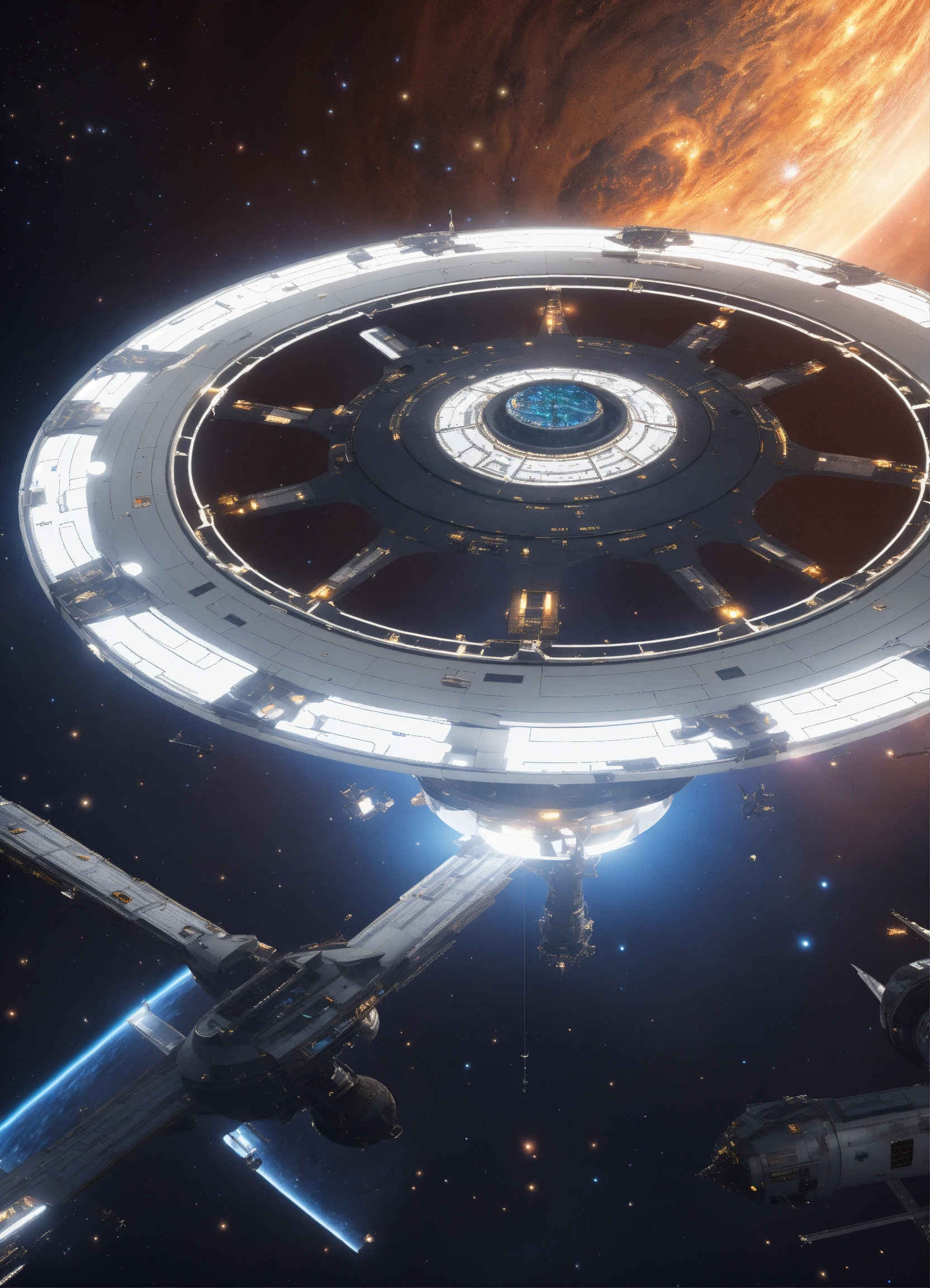 Lexica - Beautiful white disc shaped spaceport hub flying floating in ...