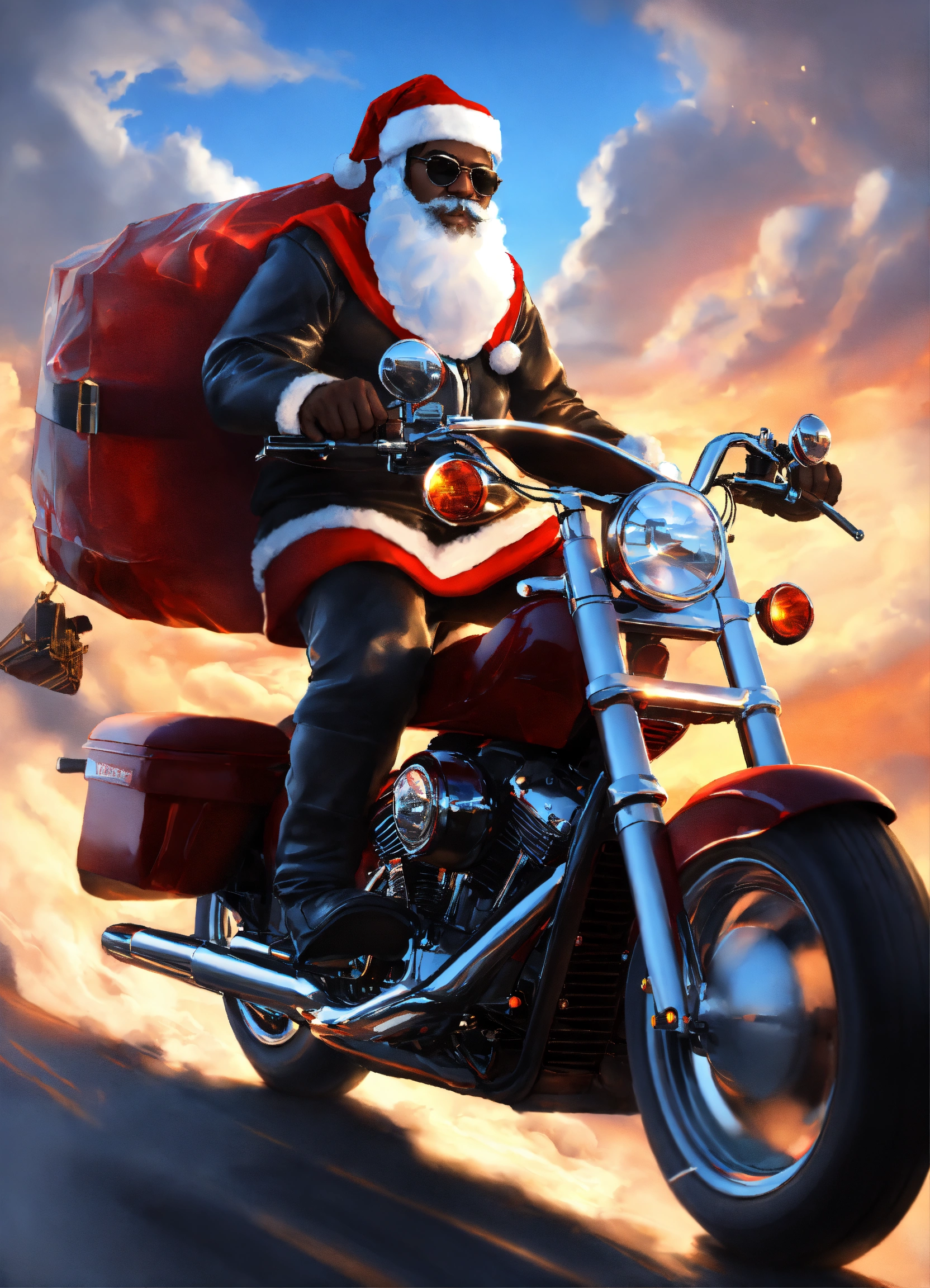 Lexica - Black Santa riding a Harley motorcycle with glowing tire rims ...