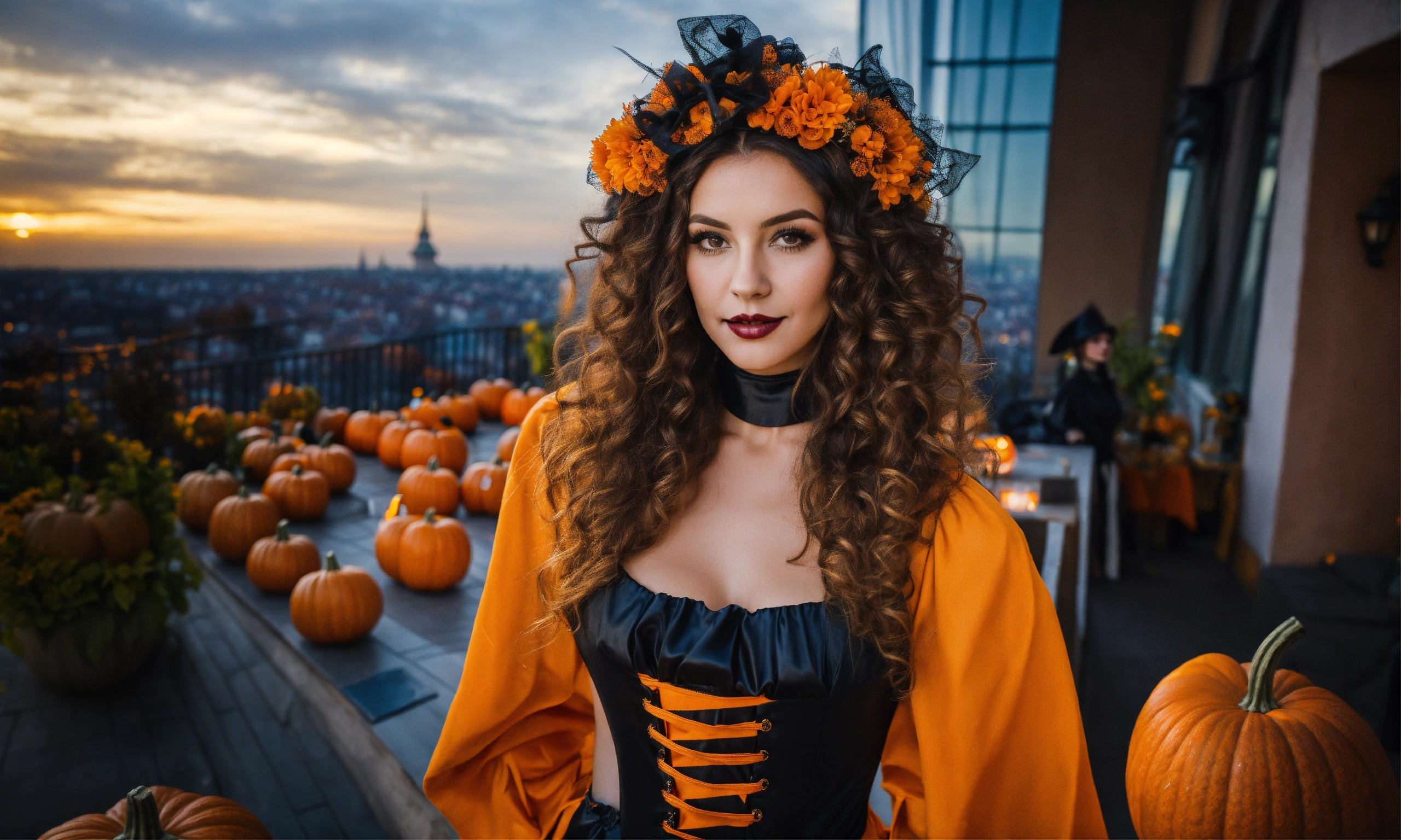 Lexica - Cute woman with long curle hair, at a Halloween party, in ...