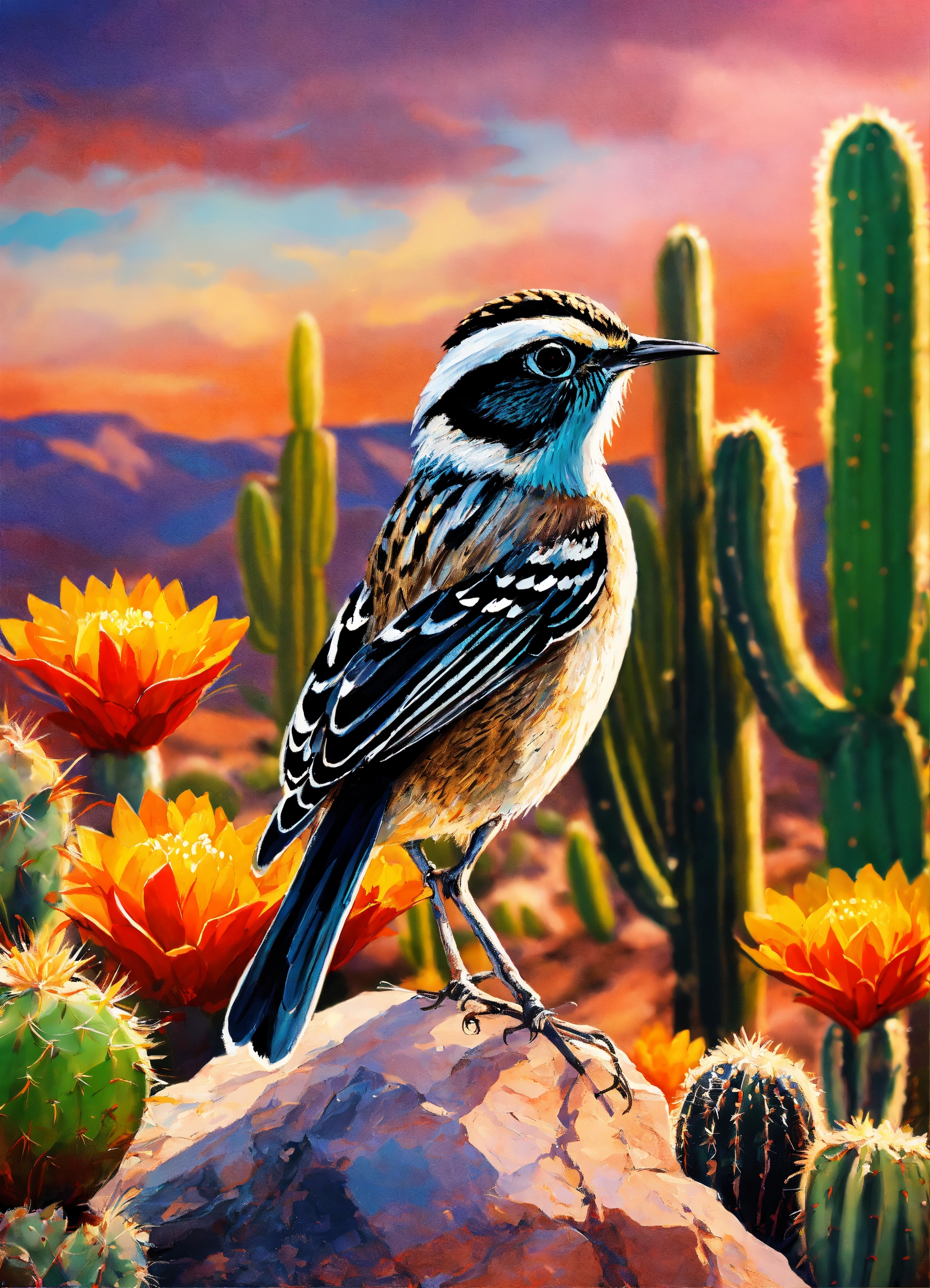 Lexica - Cactus wren bird on a rock colorful background arizona desert ...