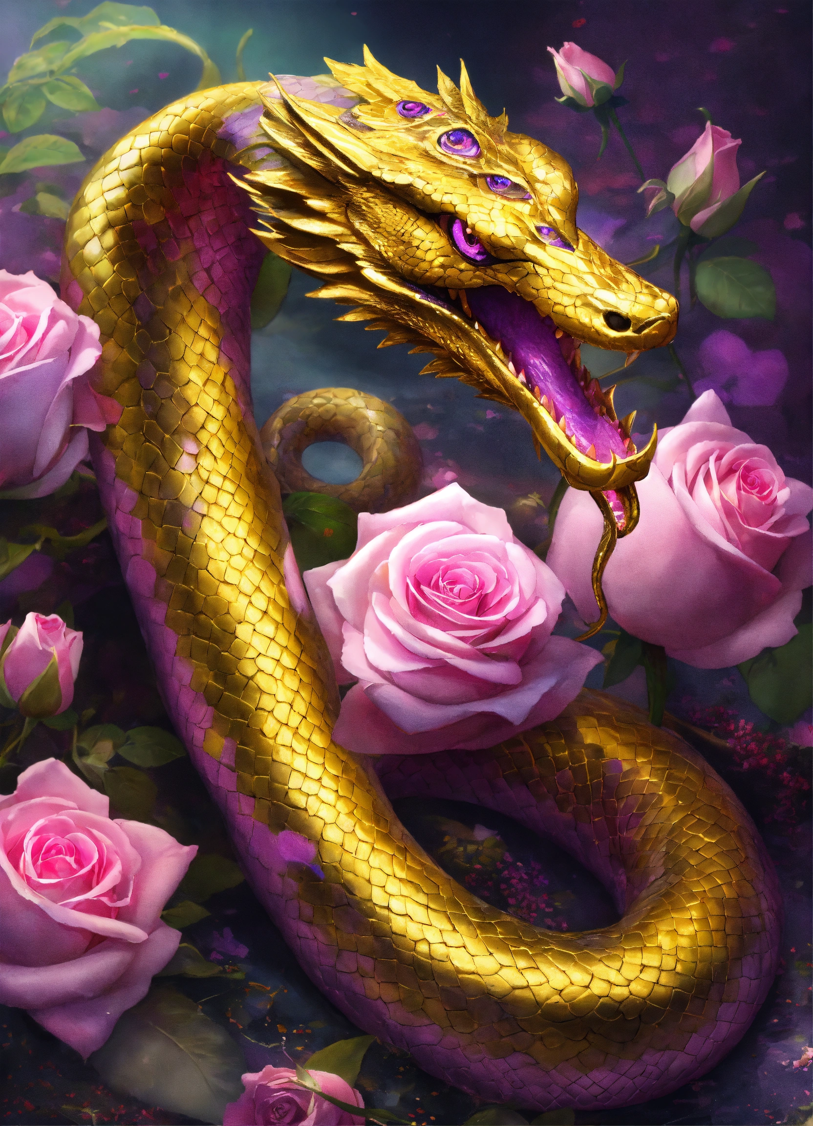 Lexica - Mythical large magic gold and purple snake pink roses basilisk ...