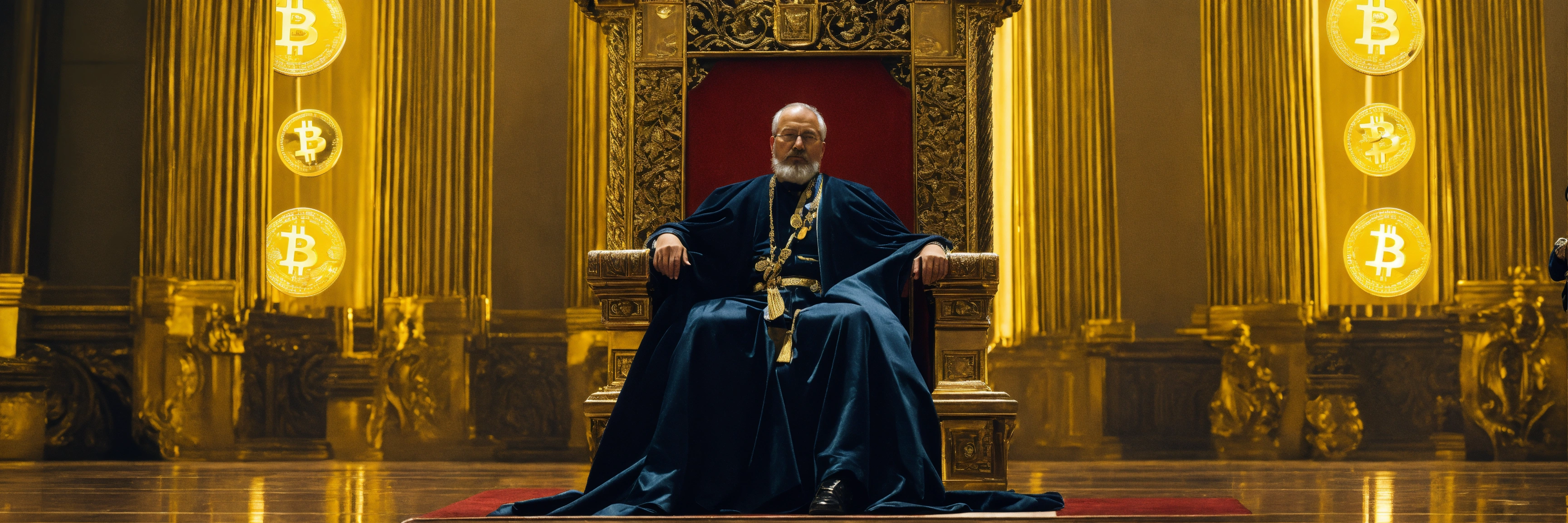 Lexica - A bitcoin sitting in the throne with man guarding beside it