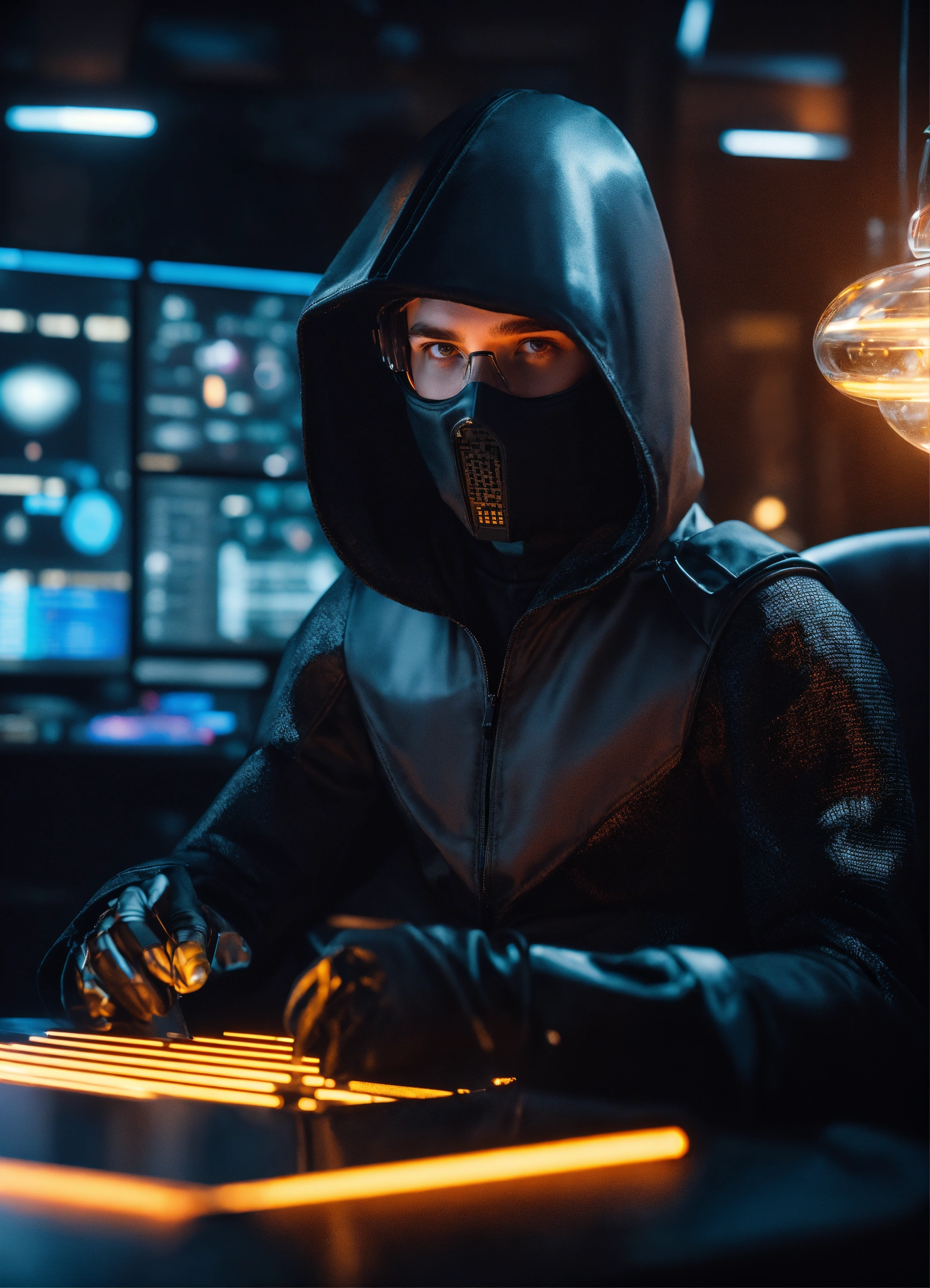 Lexica - Nerdy 25 year old male hacker wearing futuristic black cloak ...