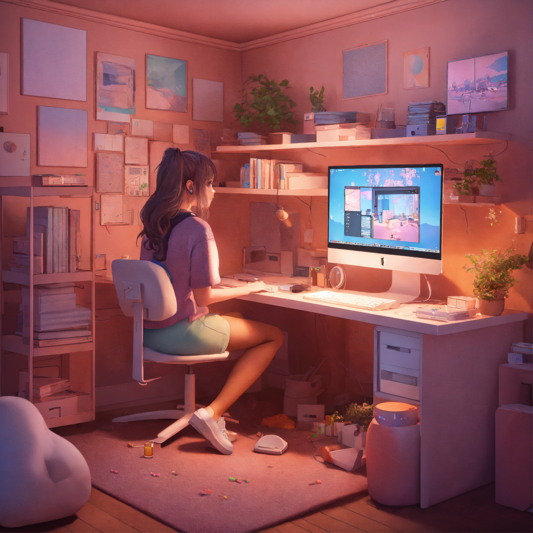 Lexica - Pastel render, a lofi girl programmer in front of his computer ...
