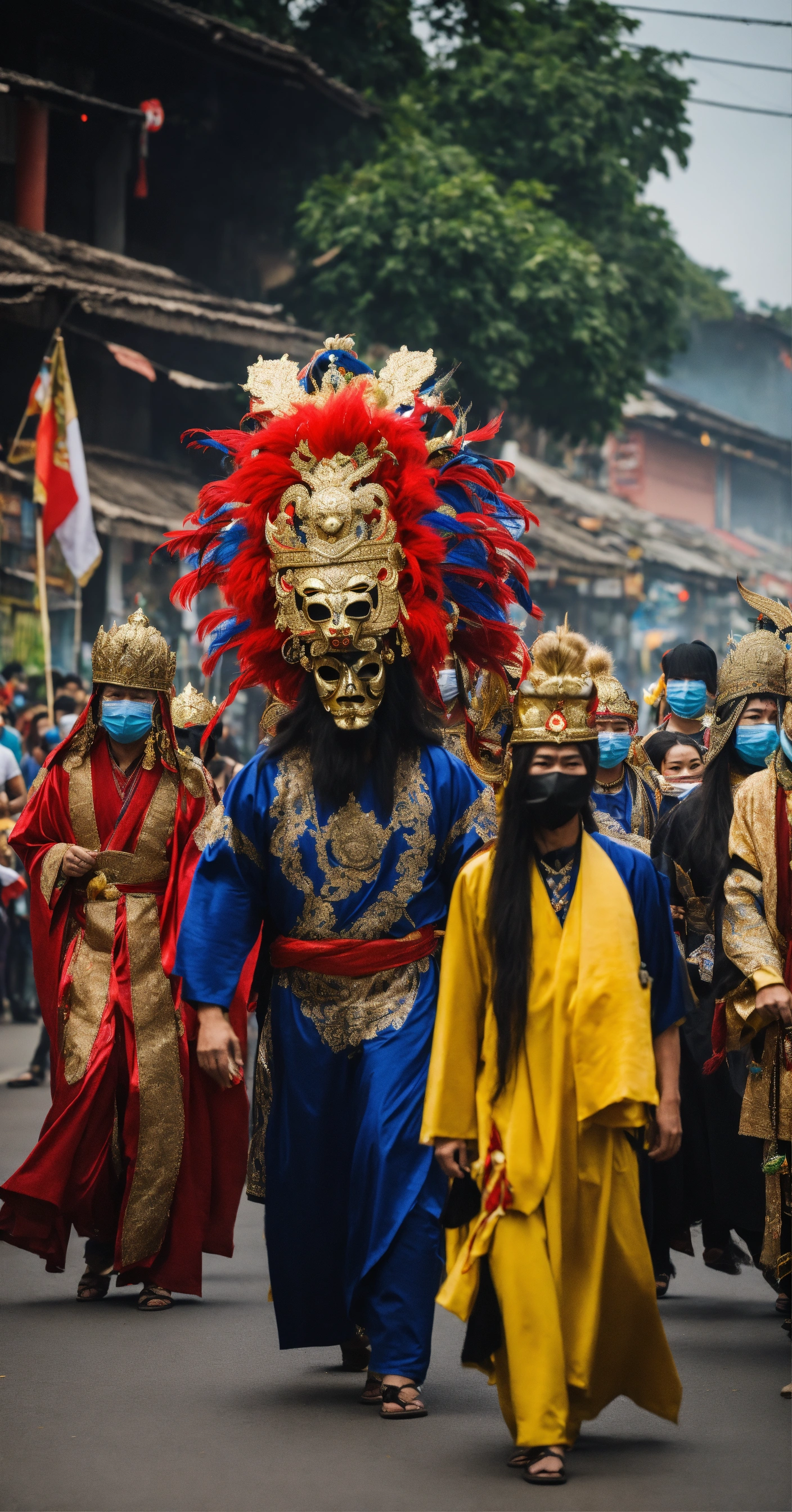 Lexica - A group of people walking down a street with masks on ...
