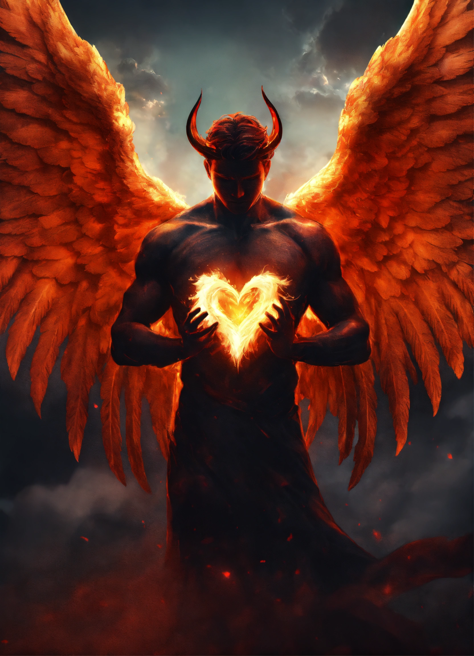 Lexica - An angel flying hugging a demon flying, forming a heart shape ...