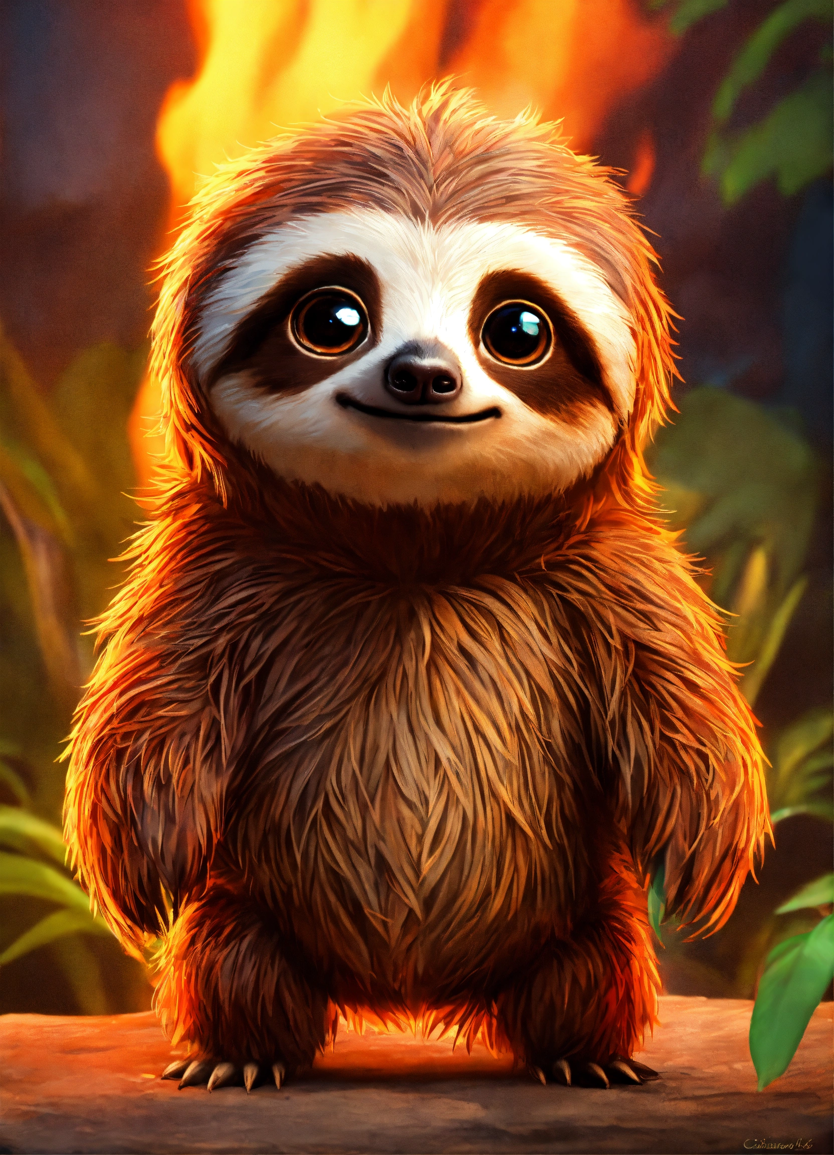 Lexica - A cute fire fur baby sloth with big eyes, animated, cartoon ...