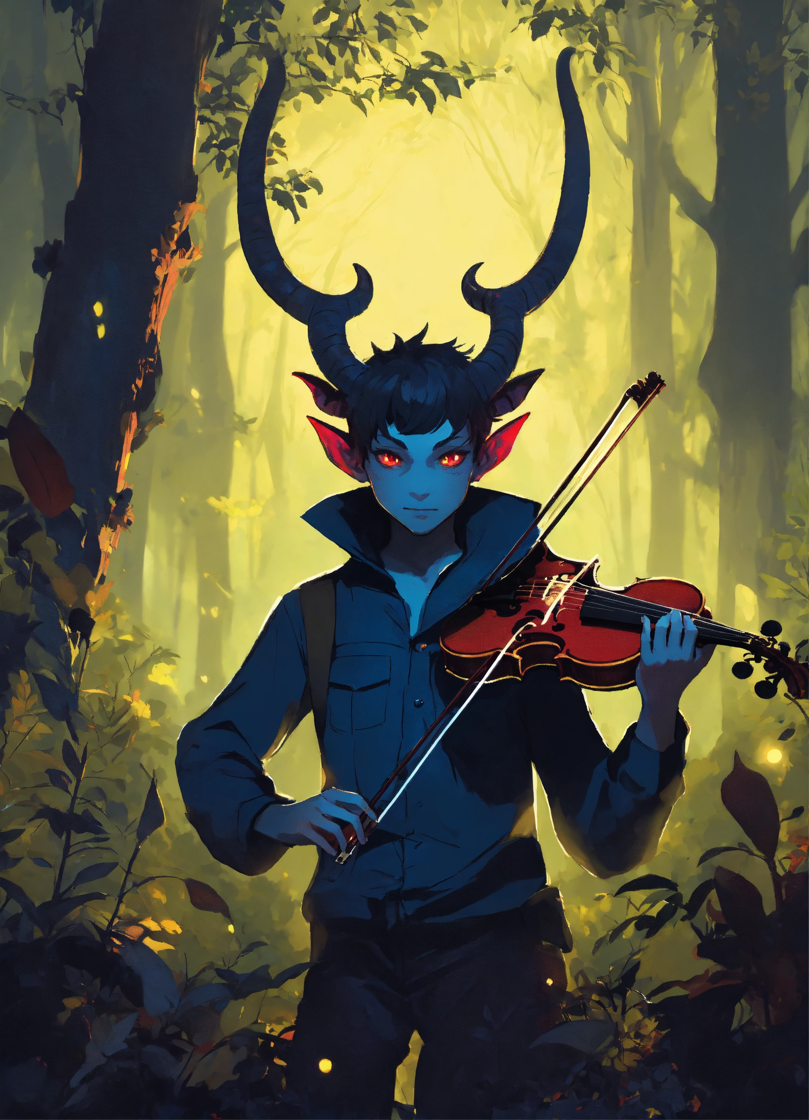 Lexica - Small demon boy with small horns , in a forest at night ...