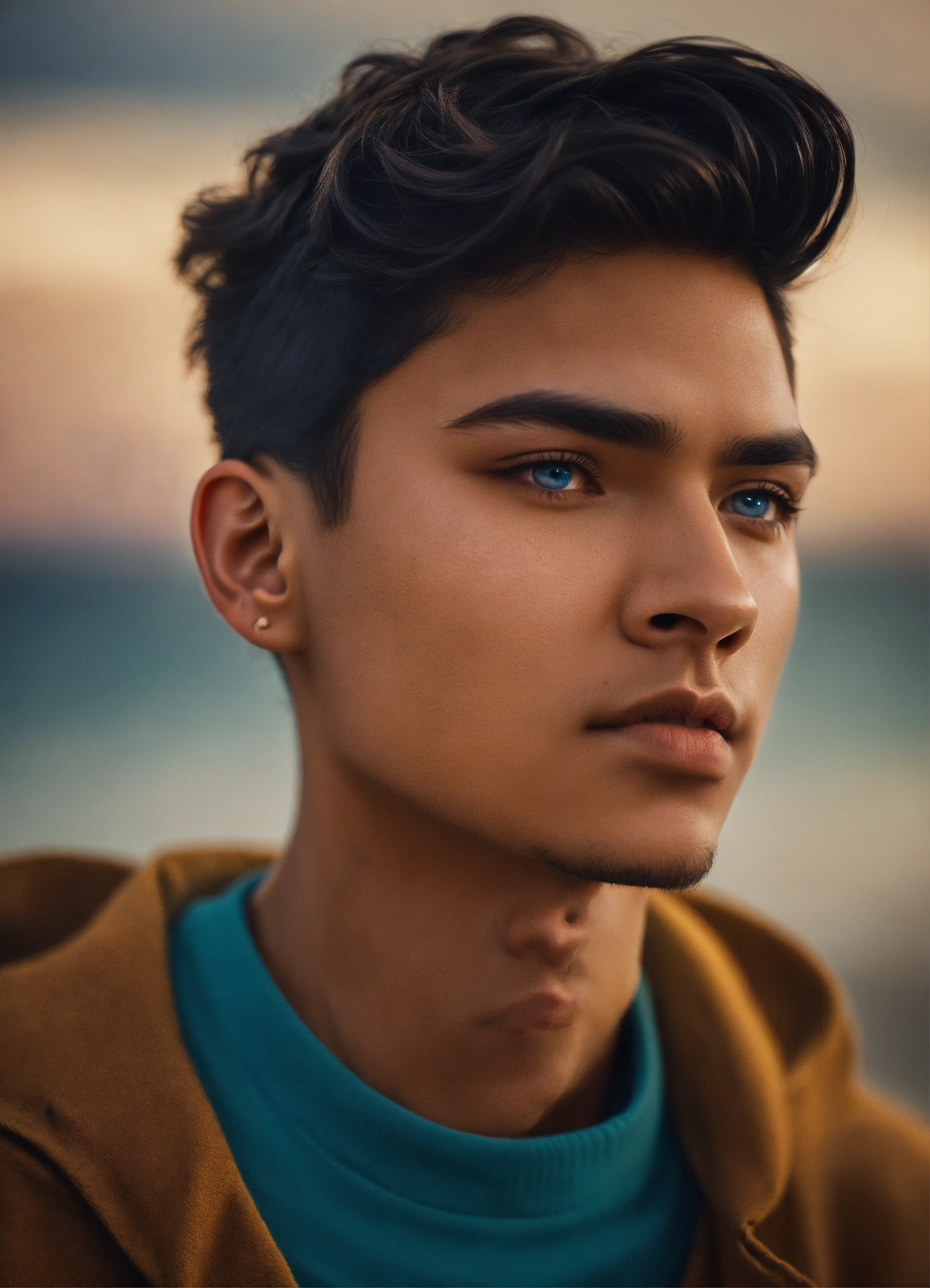 Lexica - Young man; Deep caramel tan skin, angular features; sharp ...