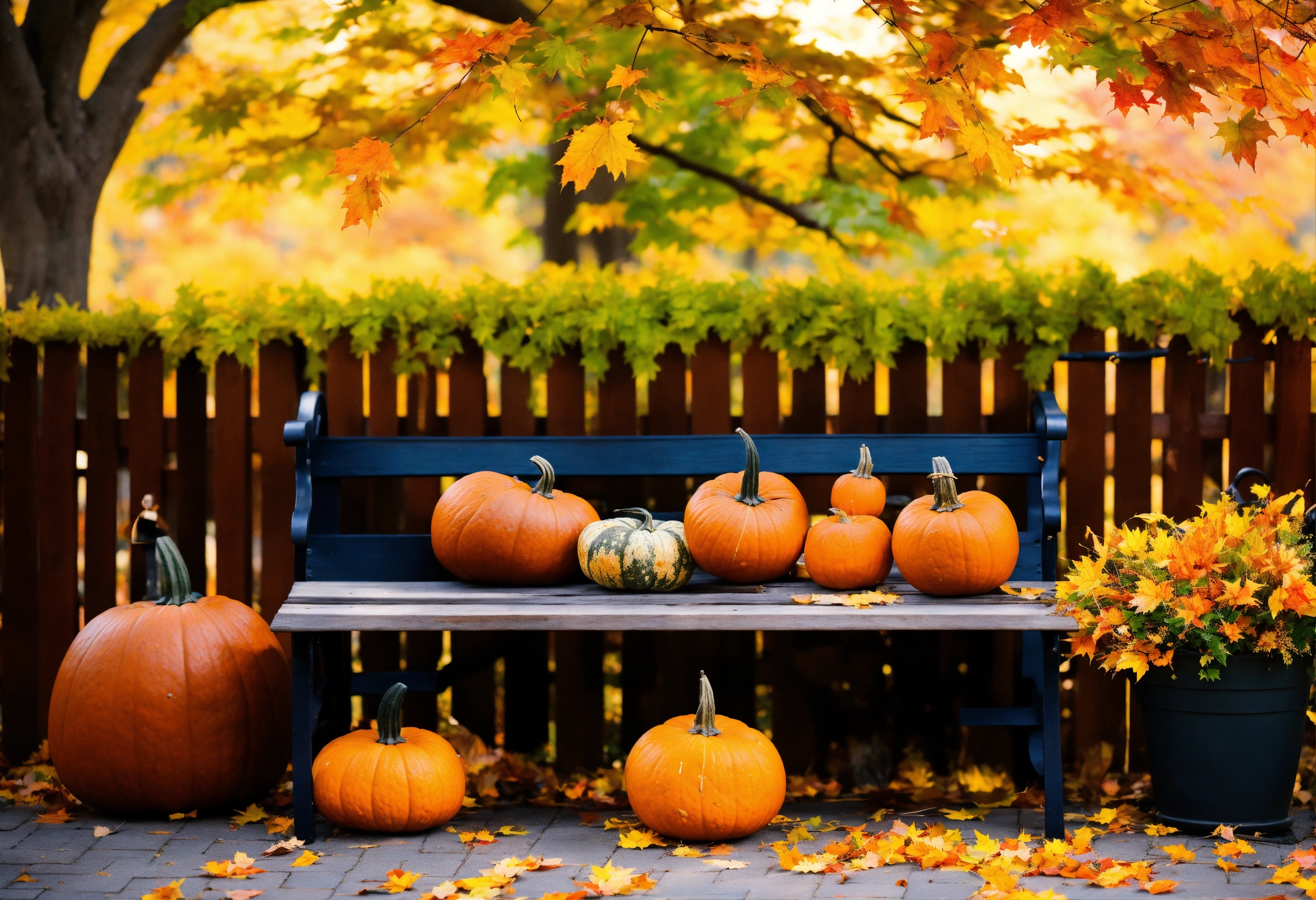 Lexica - Create a cozy fall scene with a wooden bench, pumpkins, and ...