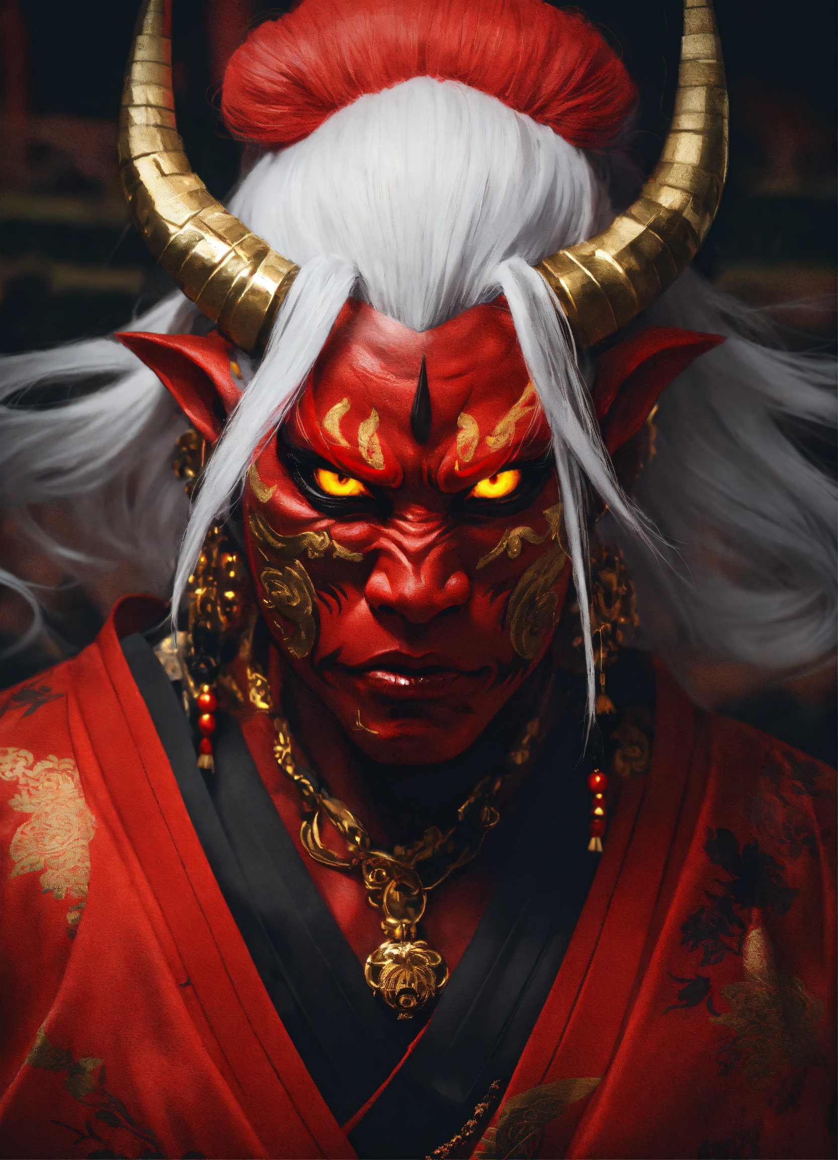 Lexica - A japanese red oni, white ponytail, yellow eyes with black ...