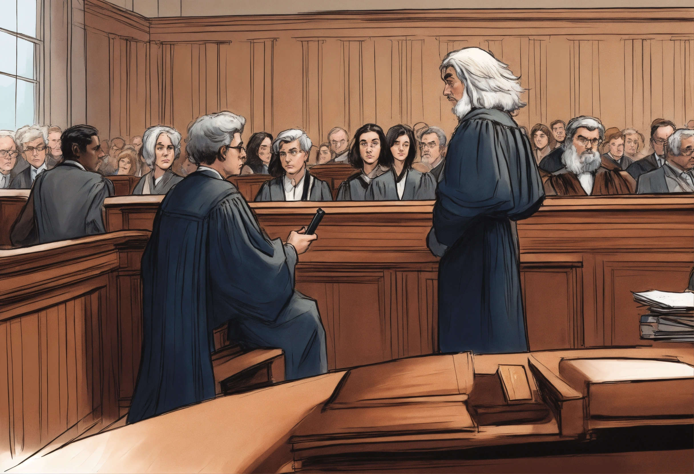 Lexica - Comic drawing of a person in court on trial, judge with a ...