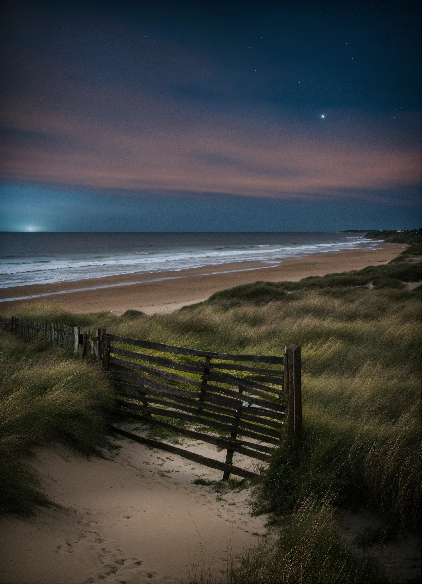 Lexica - Bleak north norfolk beach at night, old fence, view over sea