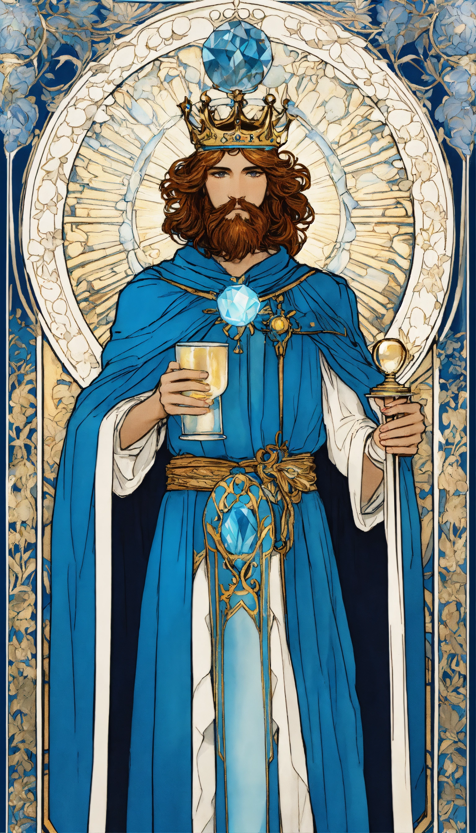 Lexica - Art Nouveau tarot blue and white glowing male king holding a ...