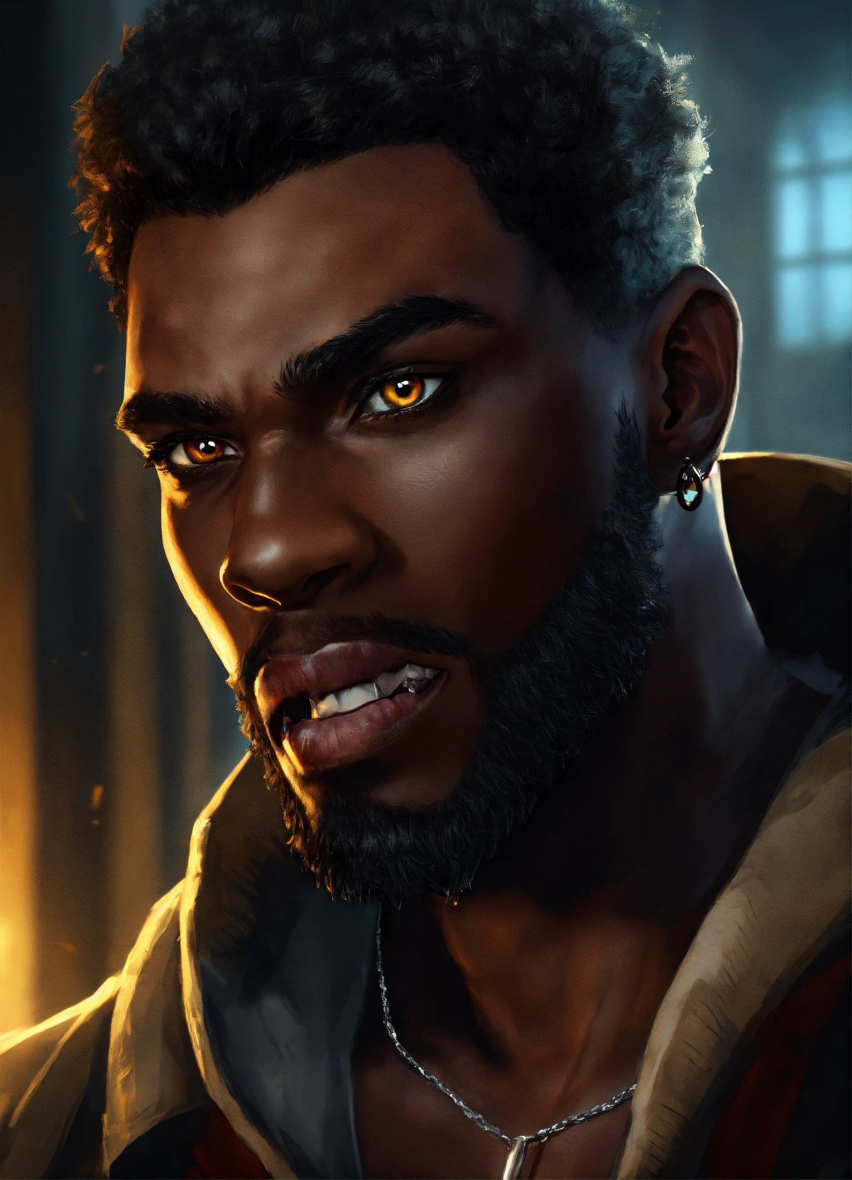 Lexica - Handsome, Black man, werewolf eyes, sharp teeth, ultra realistic