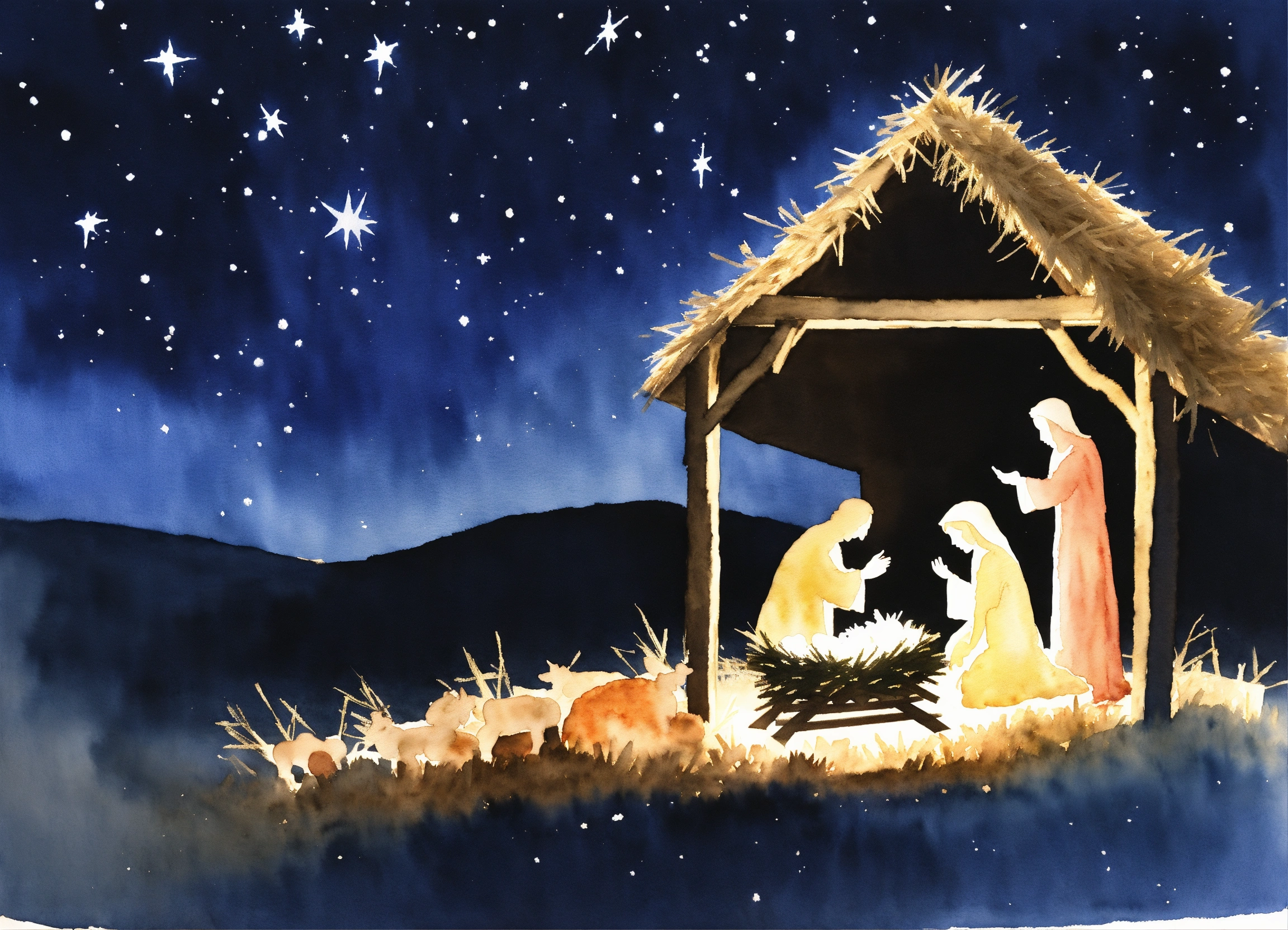 Lexica - A watercolor of a silhouette of a traditional nativity scene ...