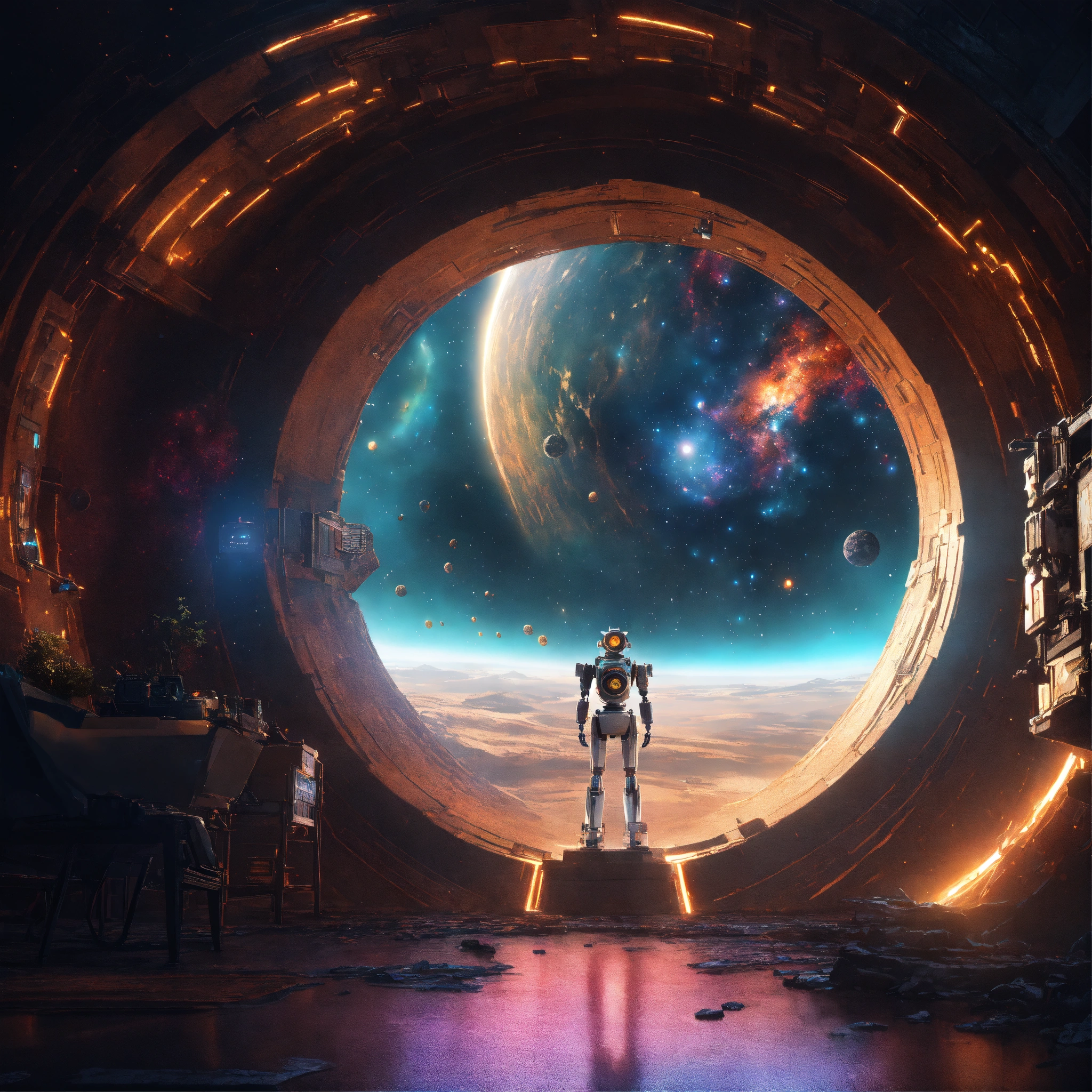 Lexica - A wide shot of a robot peering into a giant portal into the ...