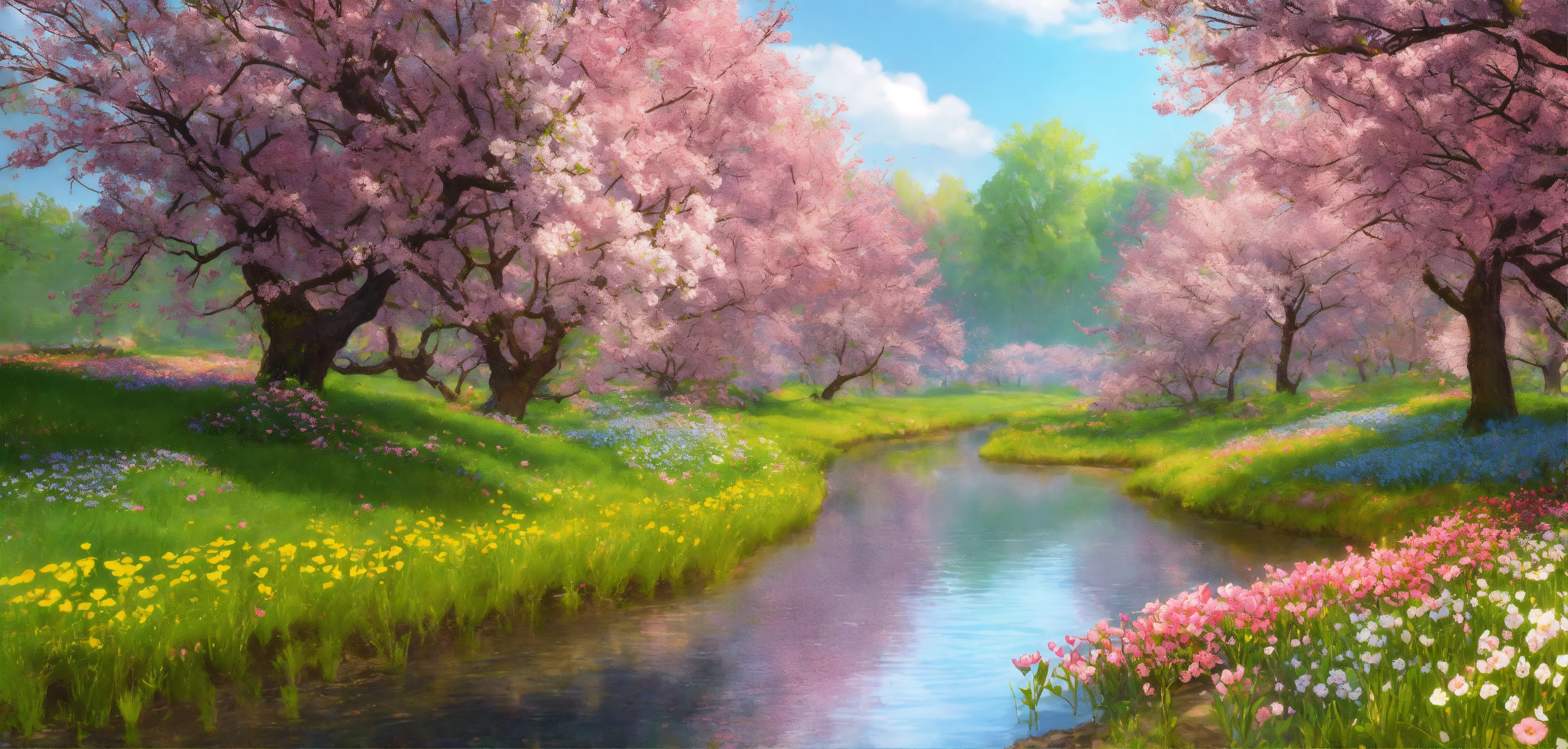 Lexica - A serene and majestic spring landscape with blossoming trees ...
