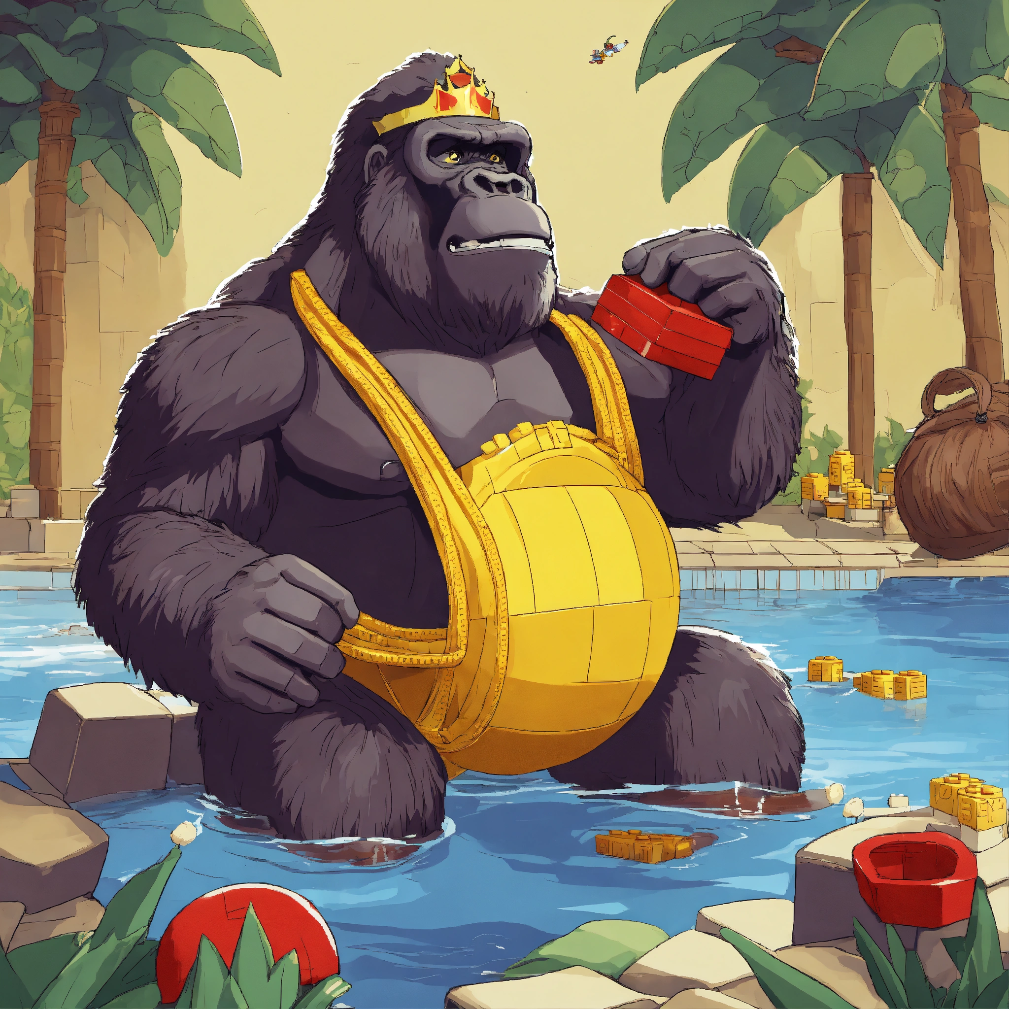 Lexica - King Kong in Swimming costumes playing lego in cartoon style