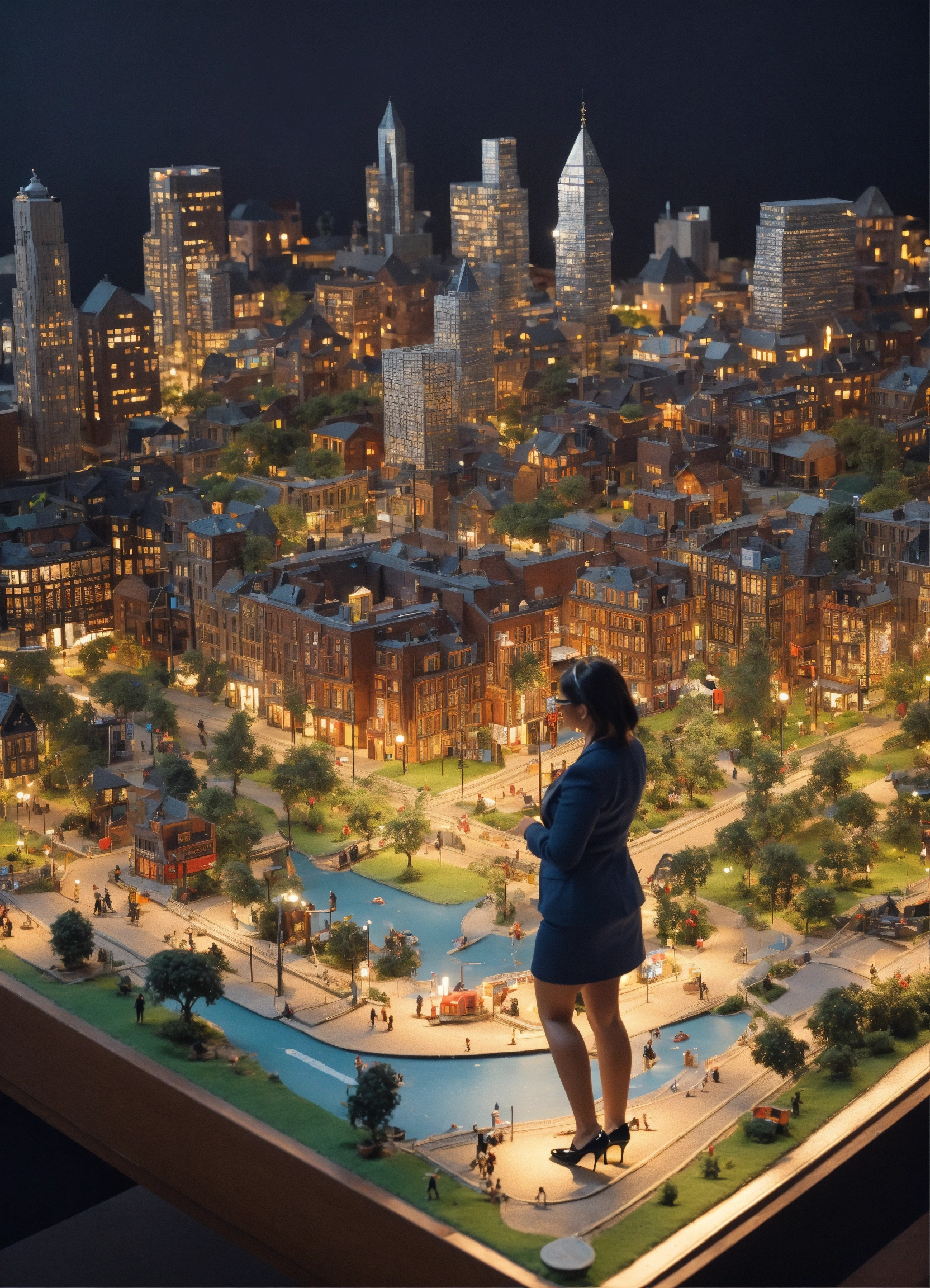 Lexica - A female politician examining a tiny model city which is set ...