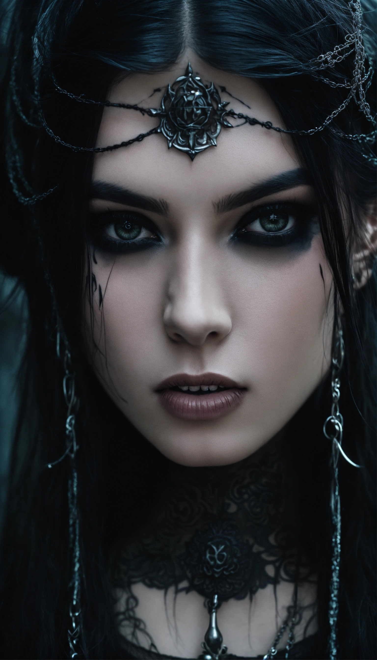 Lexica - A scary girl, close up face, pale skin, long crazy black hair ...