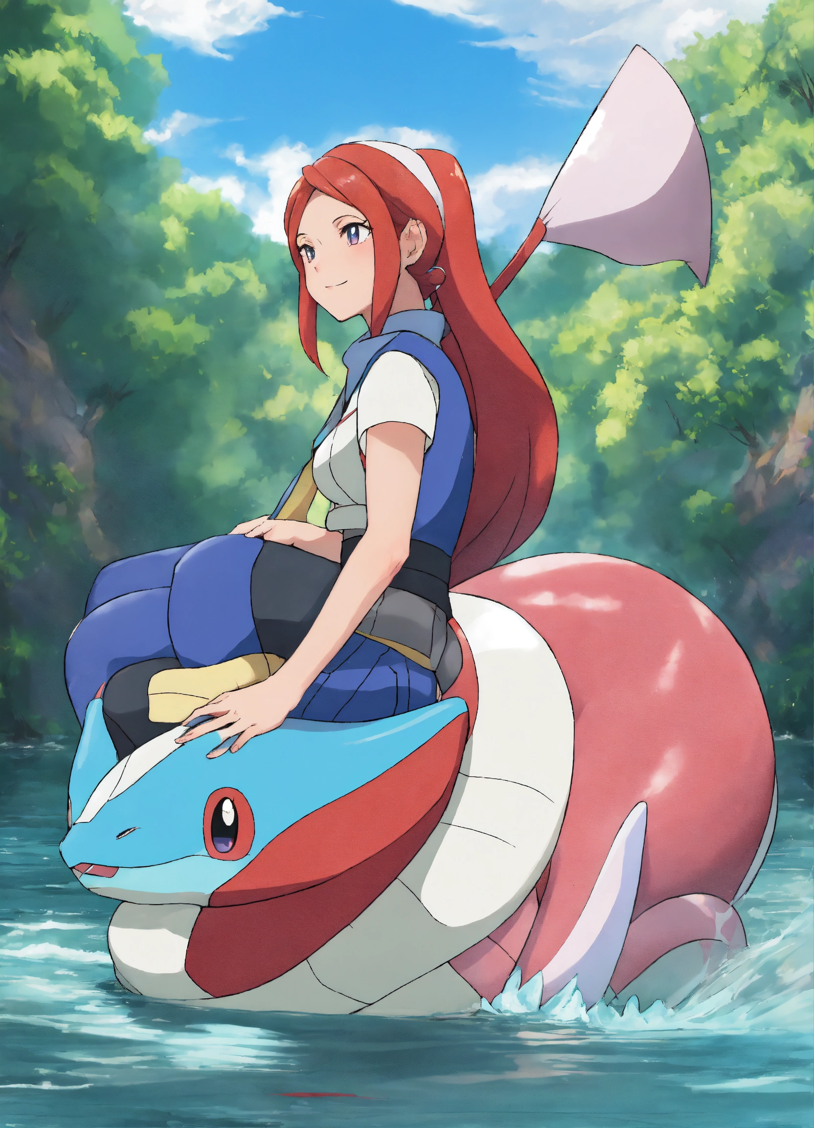 Lexica - Female redhead pokemon trainer riding milotic in a river