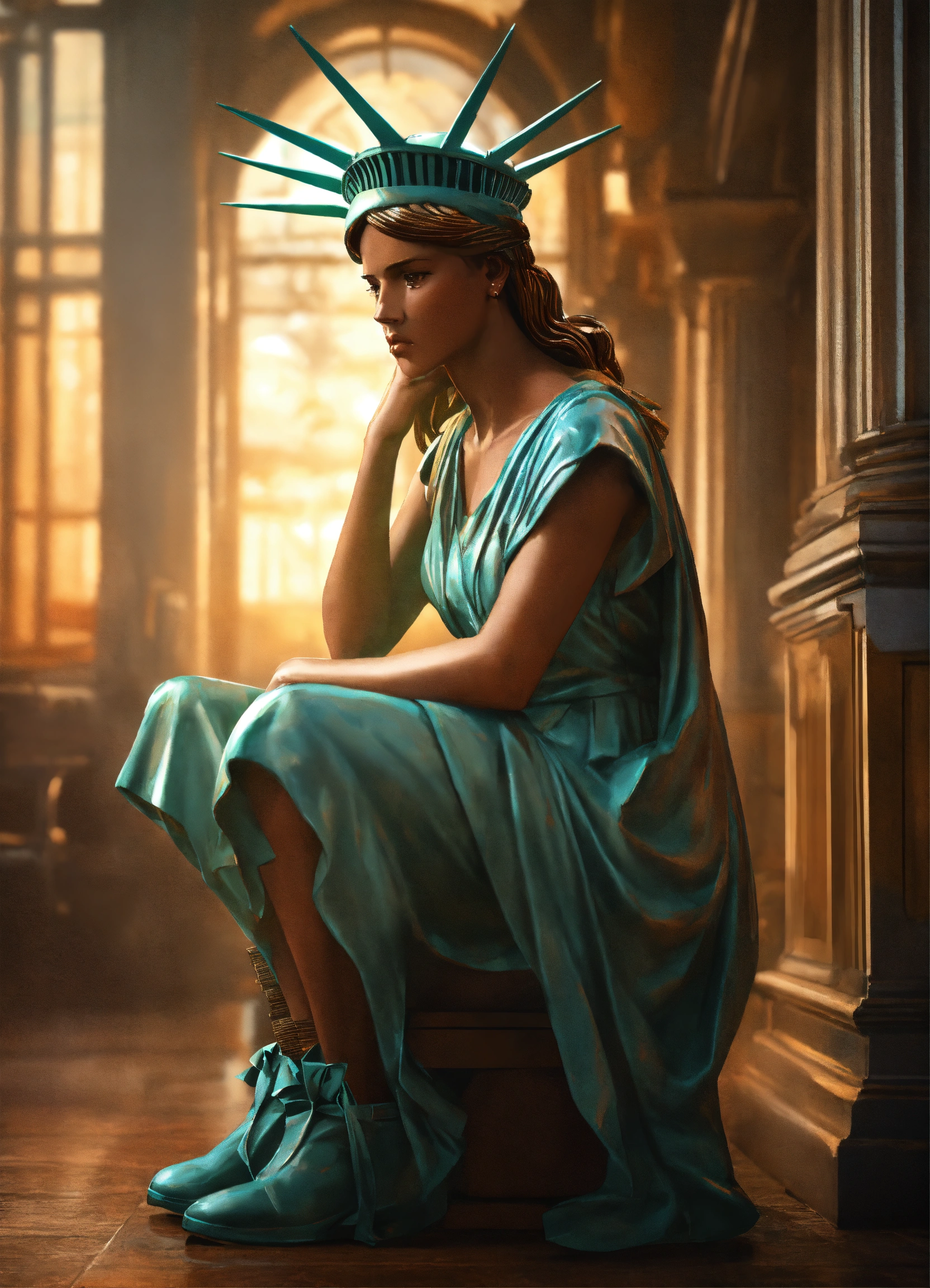Lexica - Image of the Statue of Liberty sitting down on a stool, image ...