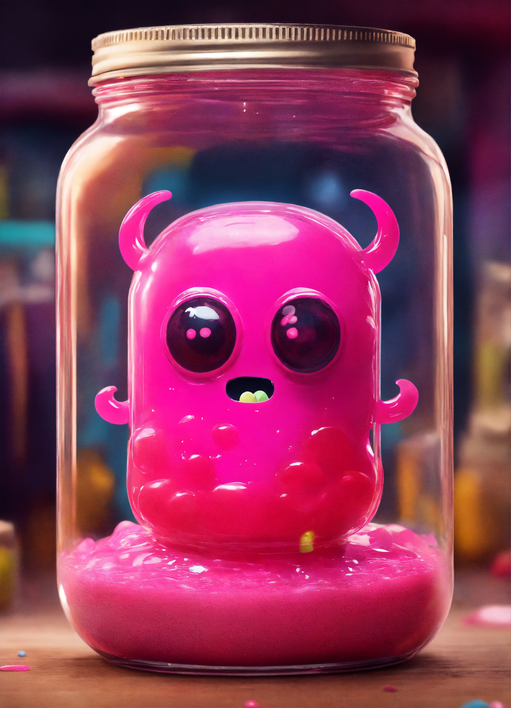 Lexica - A kawaii hot pink slime monster cyclops in a jar