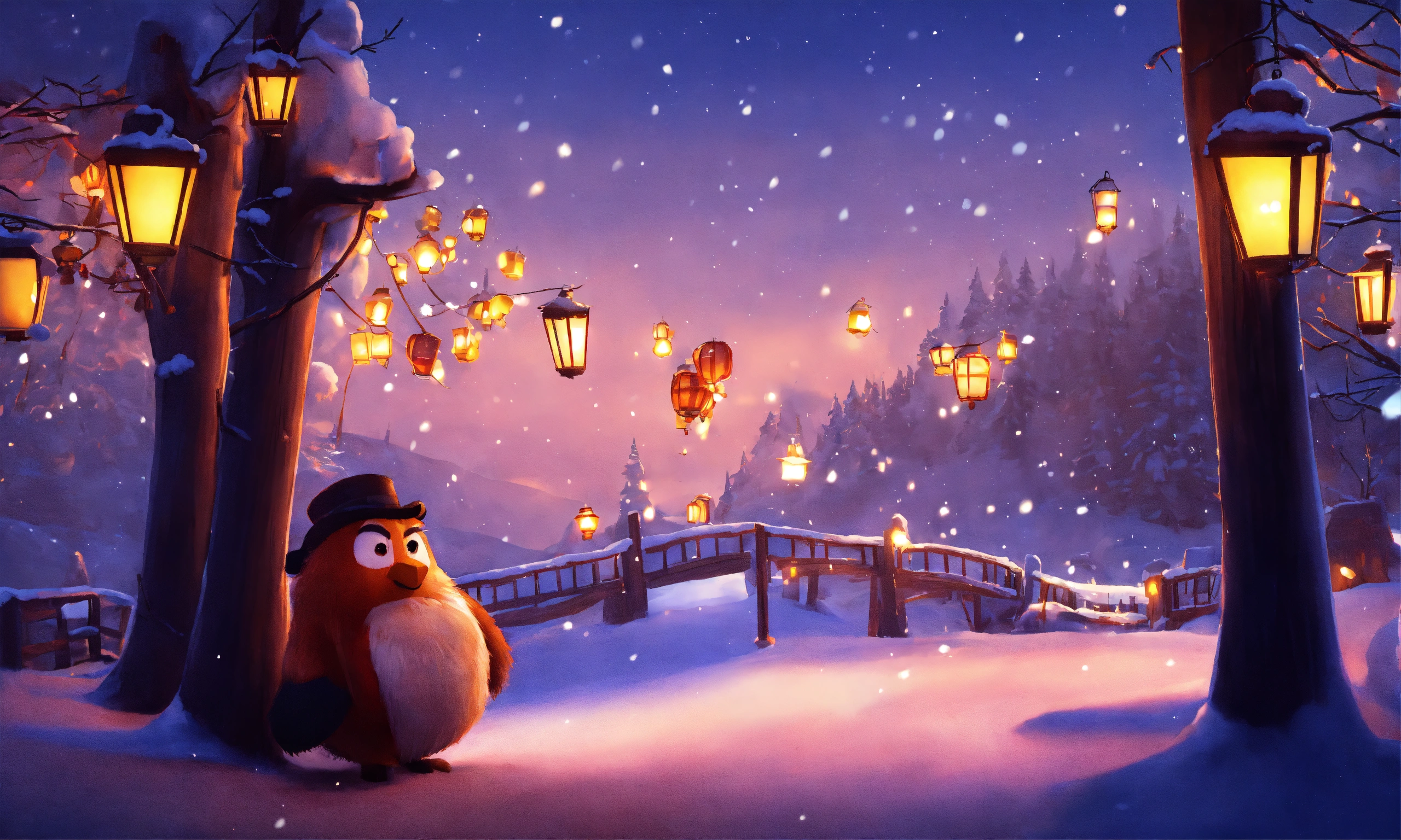 Lexica - Winter land with lanterns personage, pixar art style