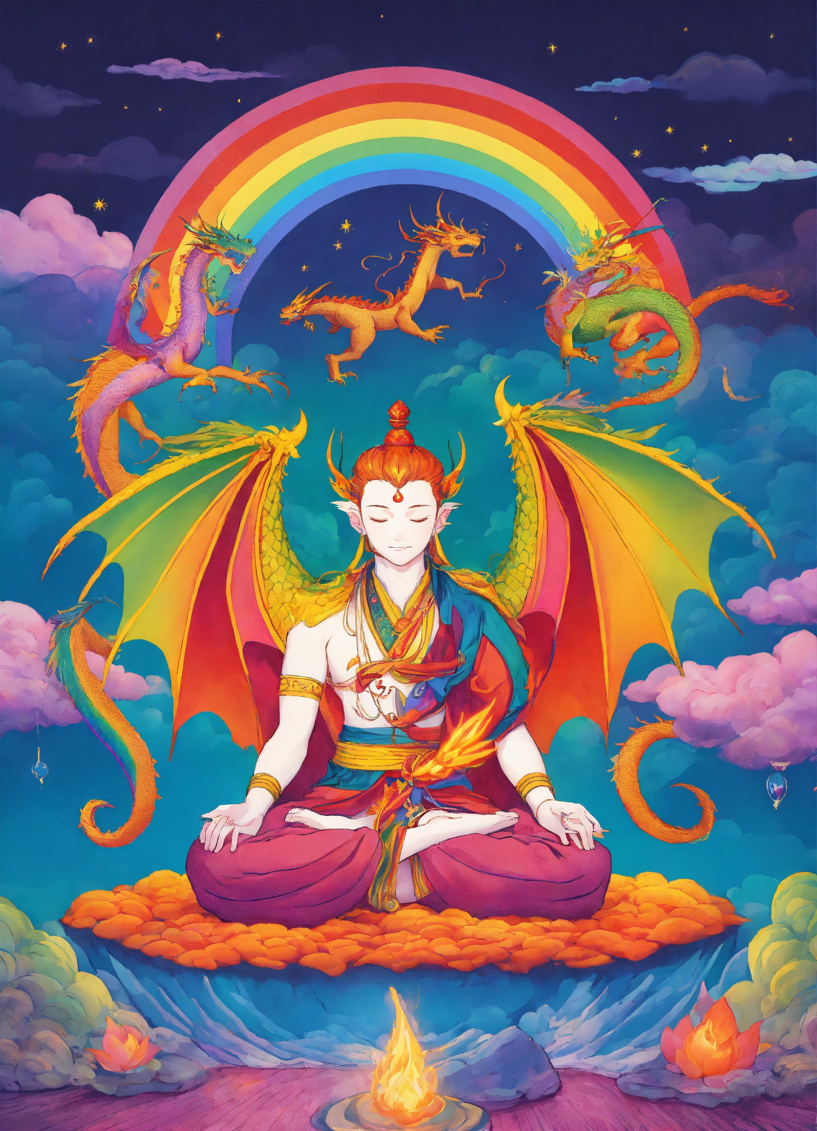 Lexica - Illustration of a dragon Meditating, spirits flying around rainbow