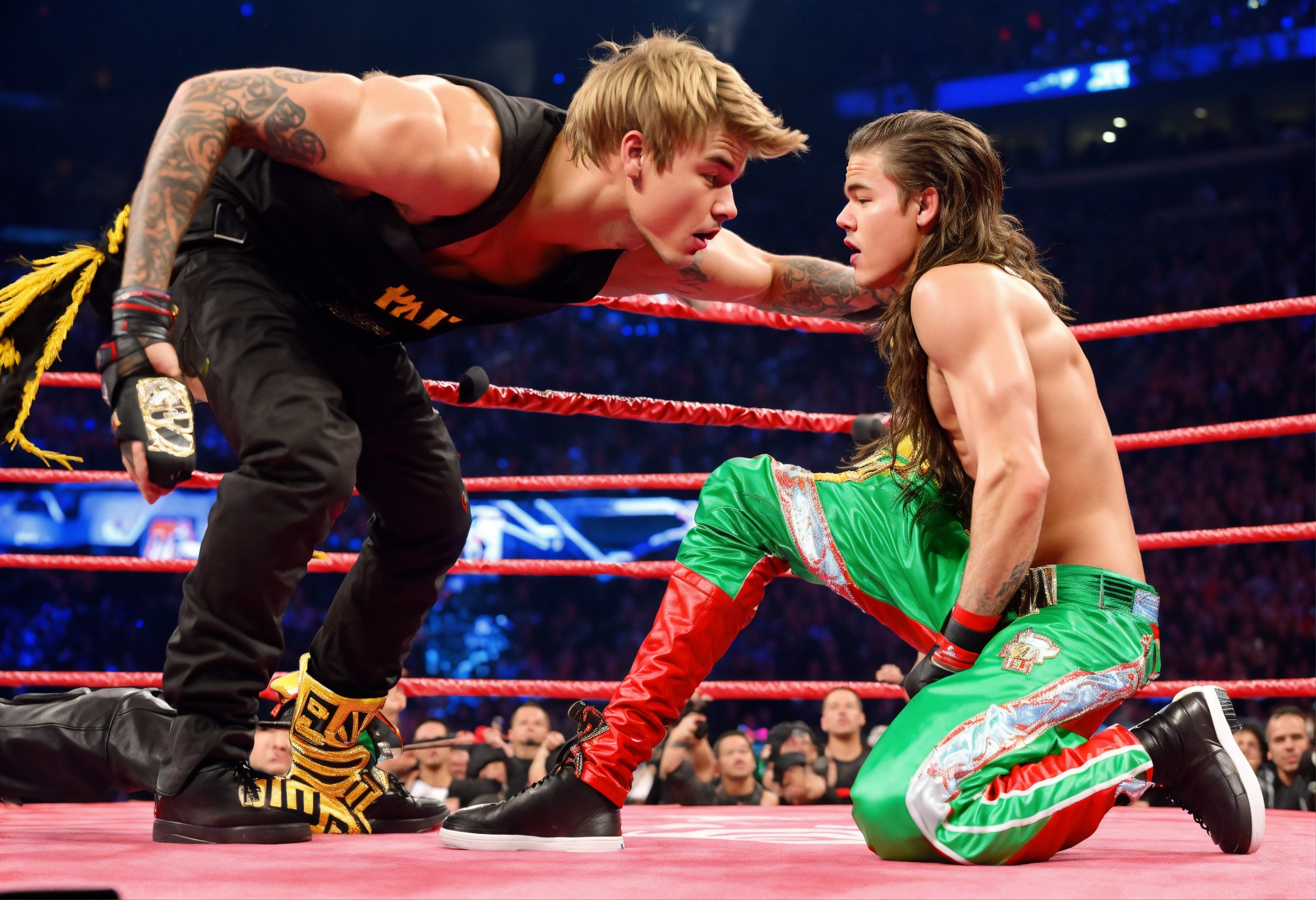 Lexica - Justin bieber as a WWE wrestler, tackling Harry Styles