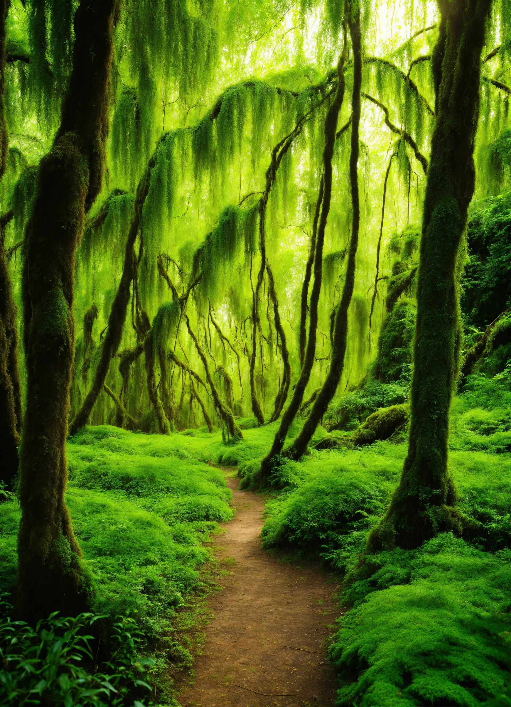 Lexica - A photo of a green forest, vines, weeping willows, moss ...