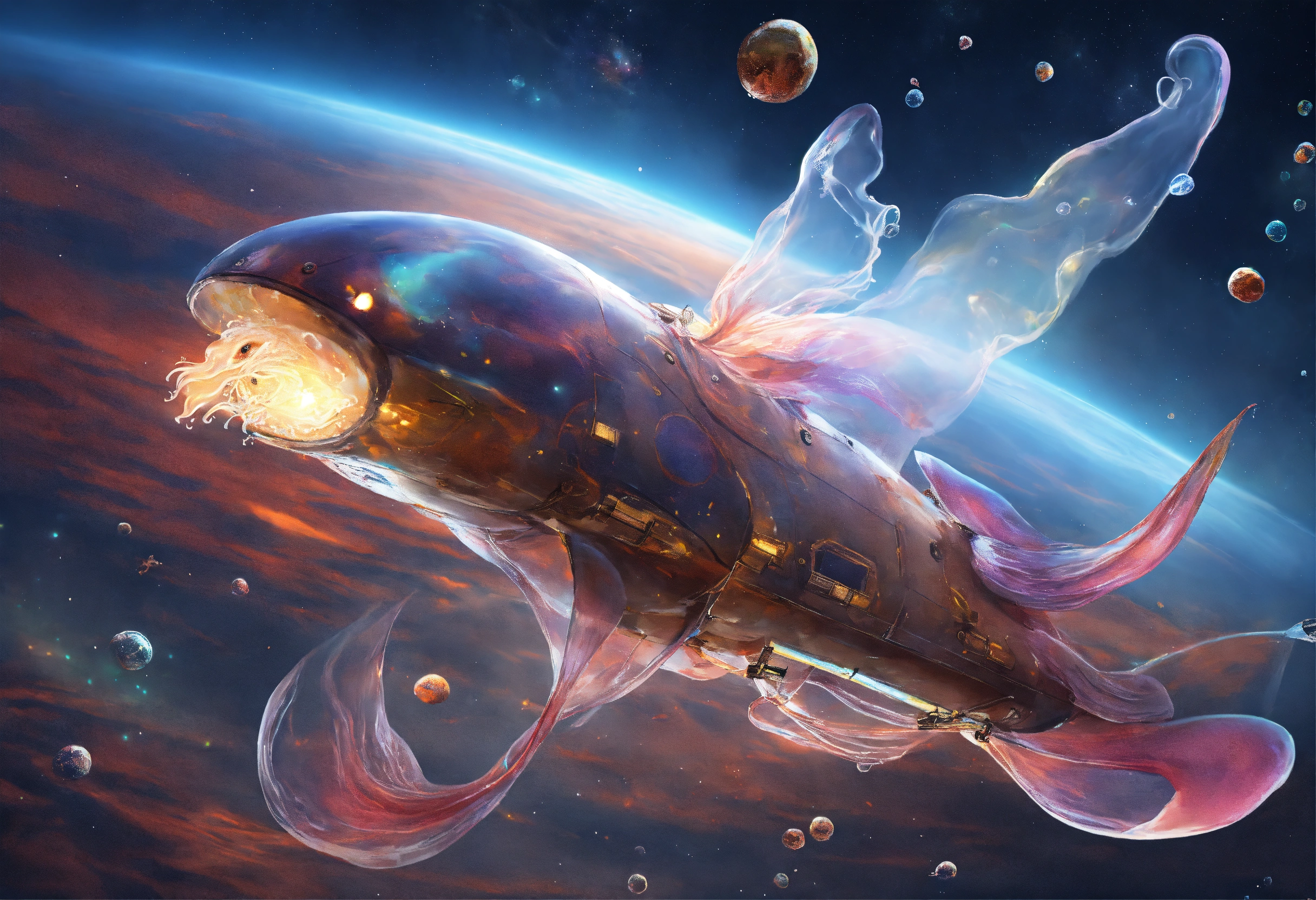 Lexica - Gigantic transparent squid flying throug space panting