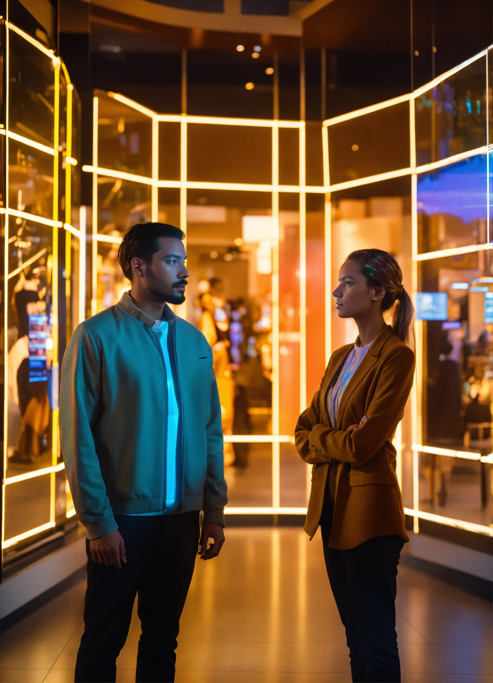 Lexica - Portrait of a man and woman in a high-tech shopping mall with ...