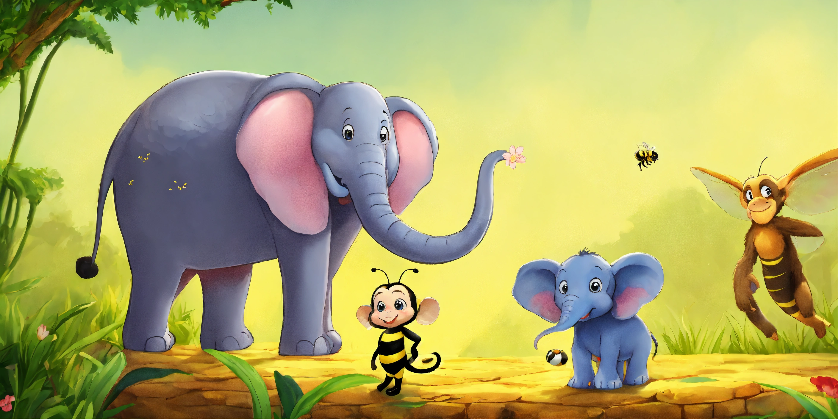 Lexica - Bee watching small monkey and elephant cartoon