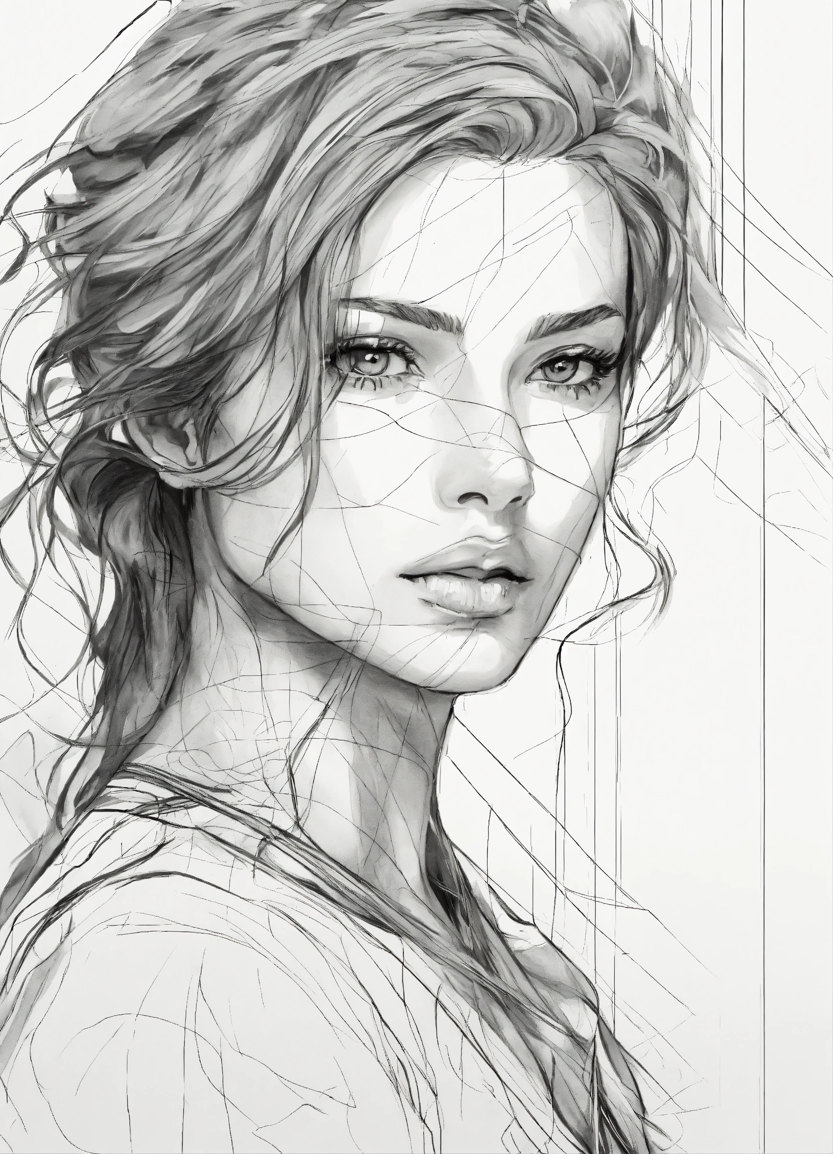 Lexica - Black and white line drawing, woman, upper body, lines ...