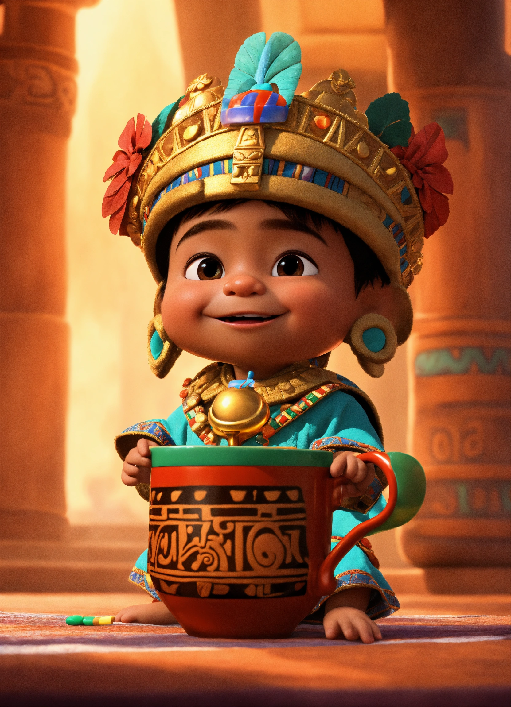 Lexica - Pixar animation of moctezuma as a baby, aztec emperor drinking ...