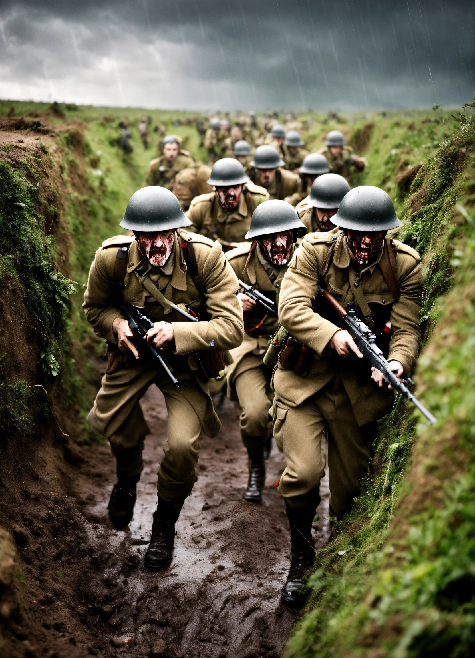 Lexica - English soldiers fighting zombies in a trench in a storm Day