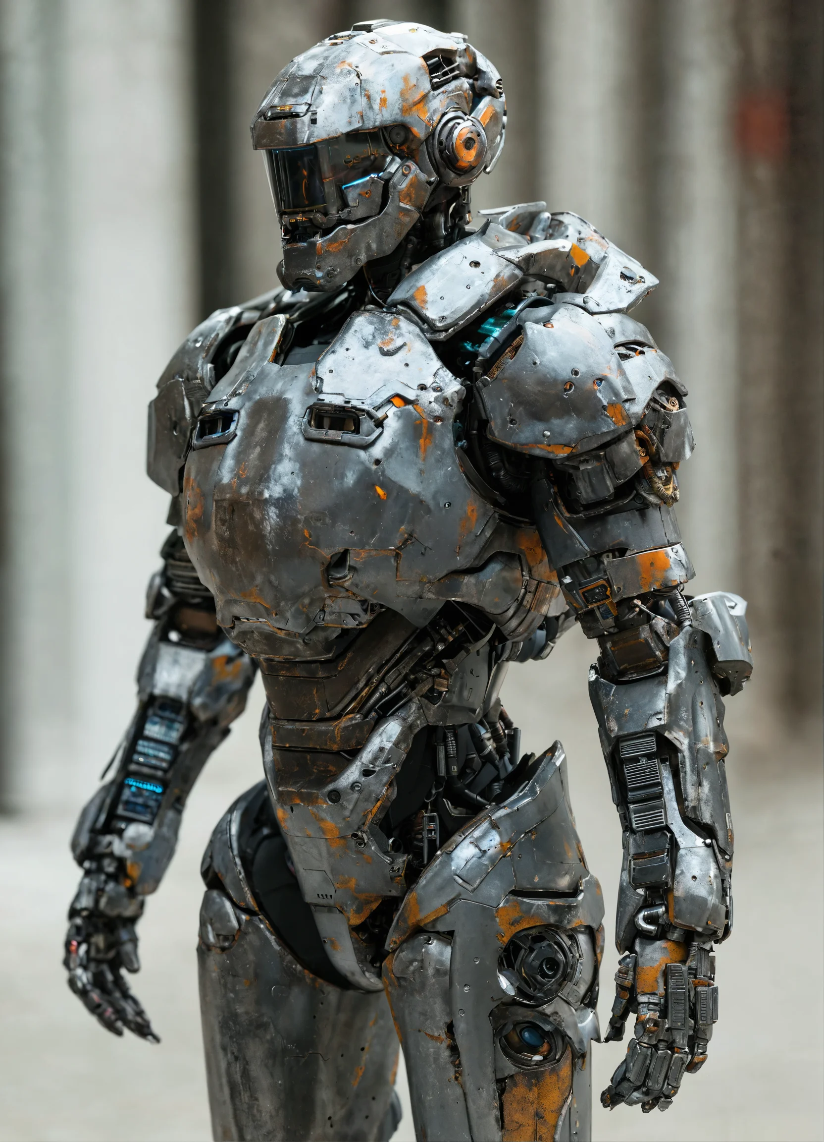 Lexica - Heavily augmented cyborg with weathered gray armor.