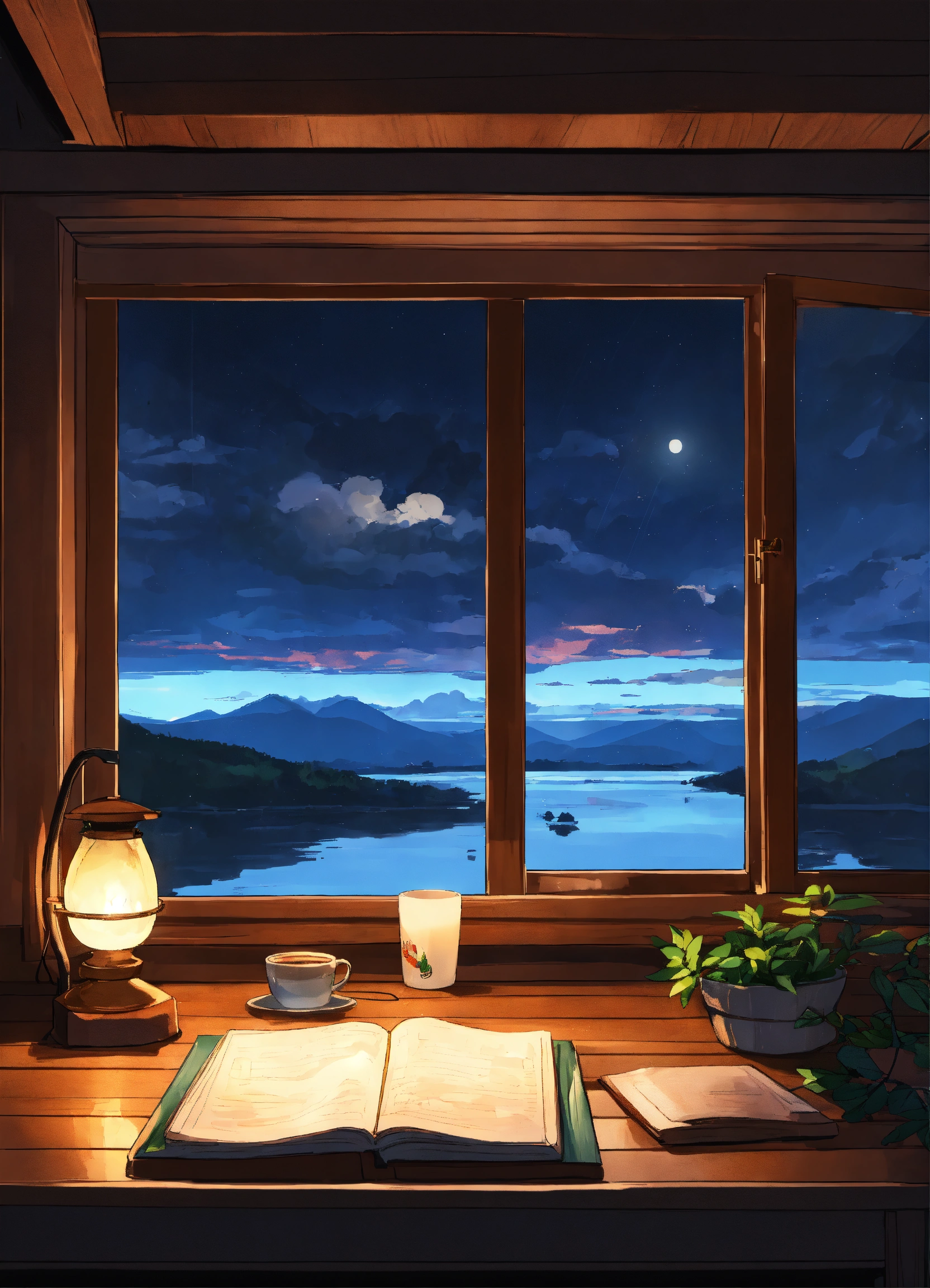 Lexica - Anime study room in finland against fjord, big centered window ...
