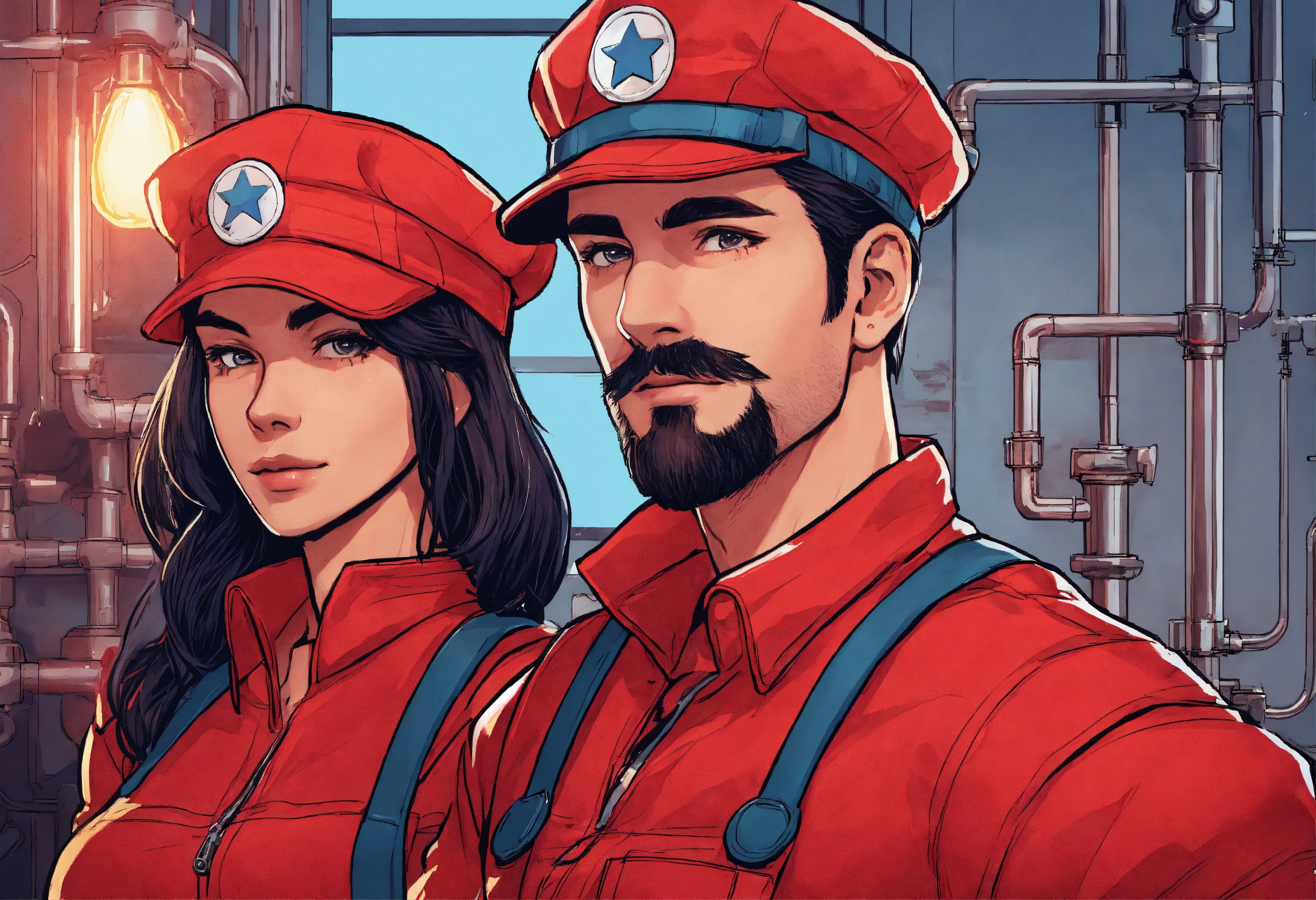 Lexica - Close up of two heroic plumber in a red outfit with a red hart ...