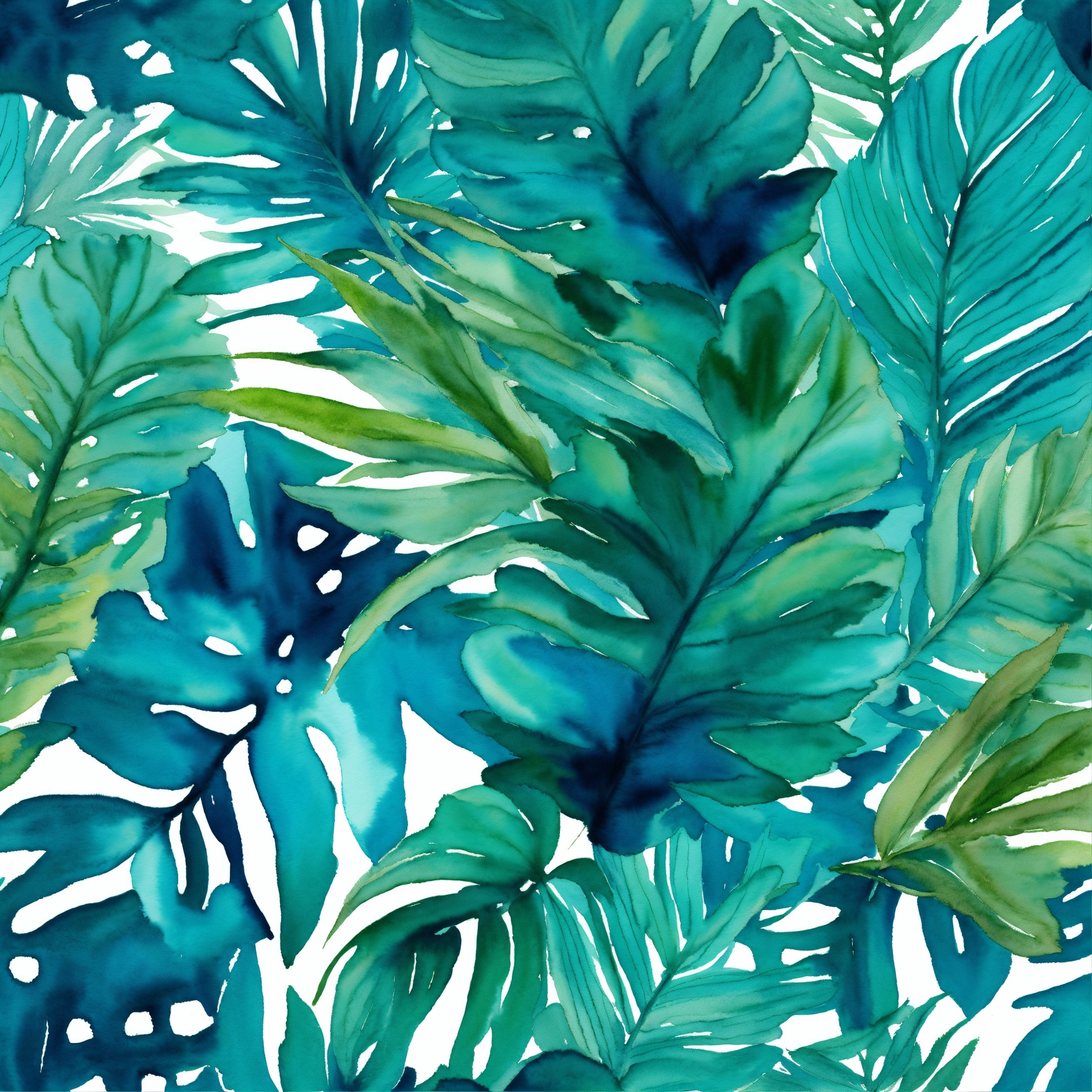 Lexica - Print with medium size watercolor tropical foliage in teal ...
