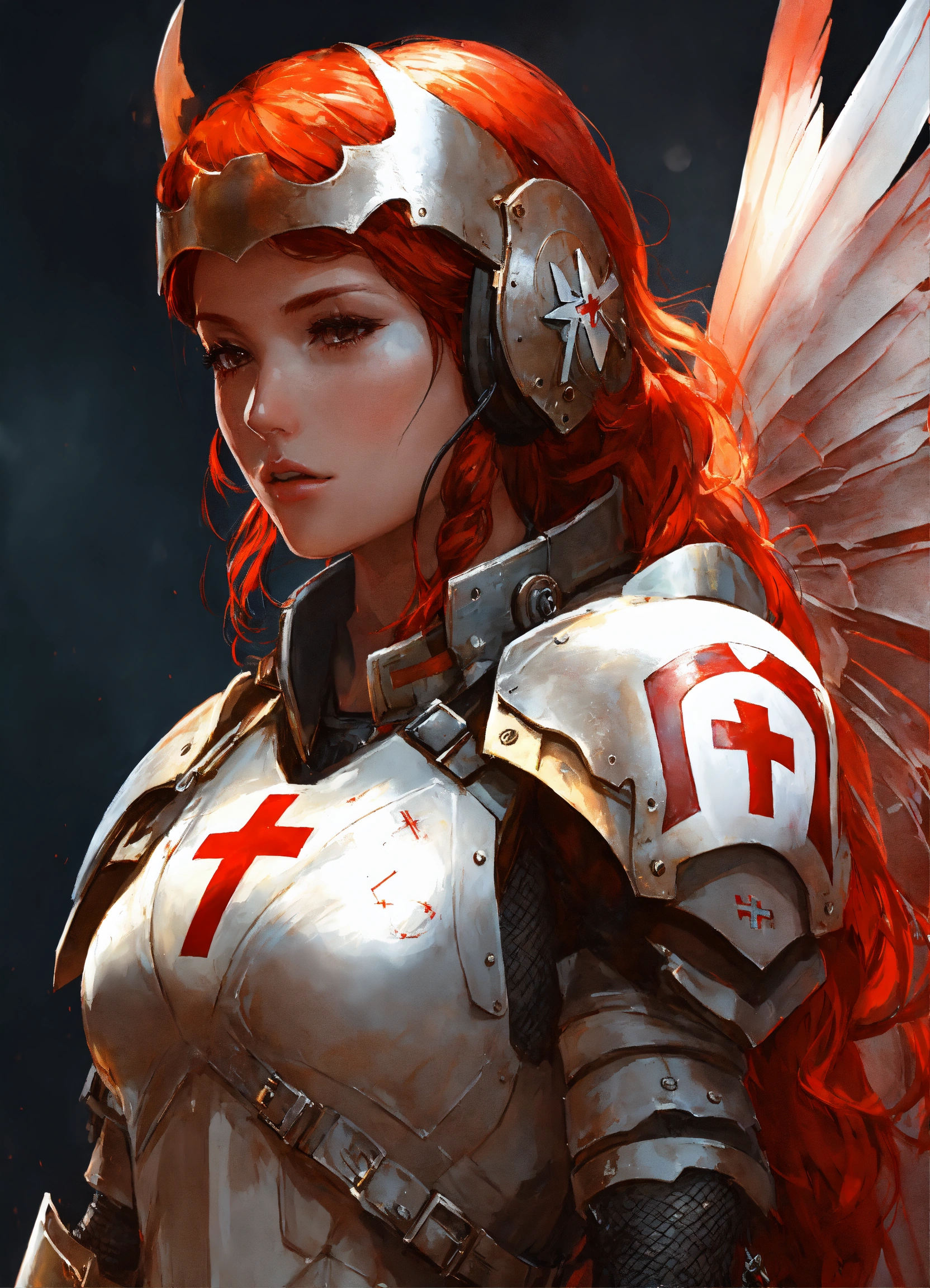 Lexica - Female athletic red hair wearing white metal armor with red ...