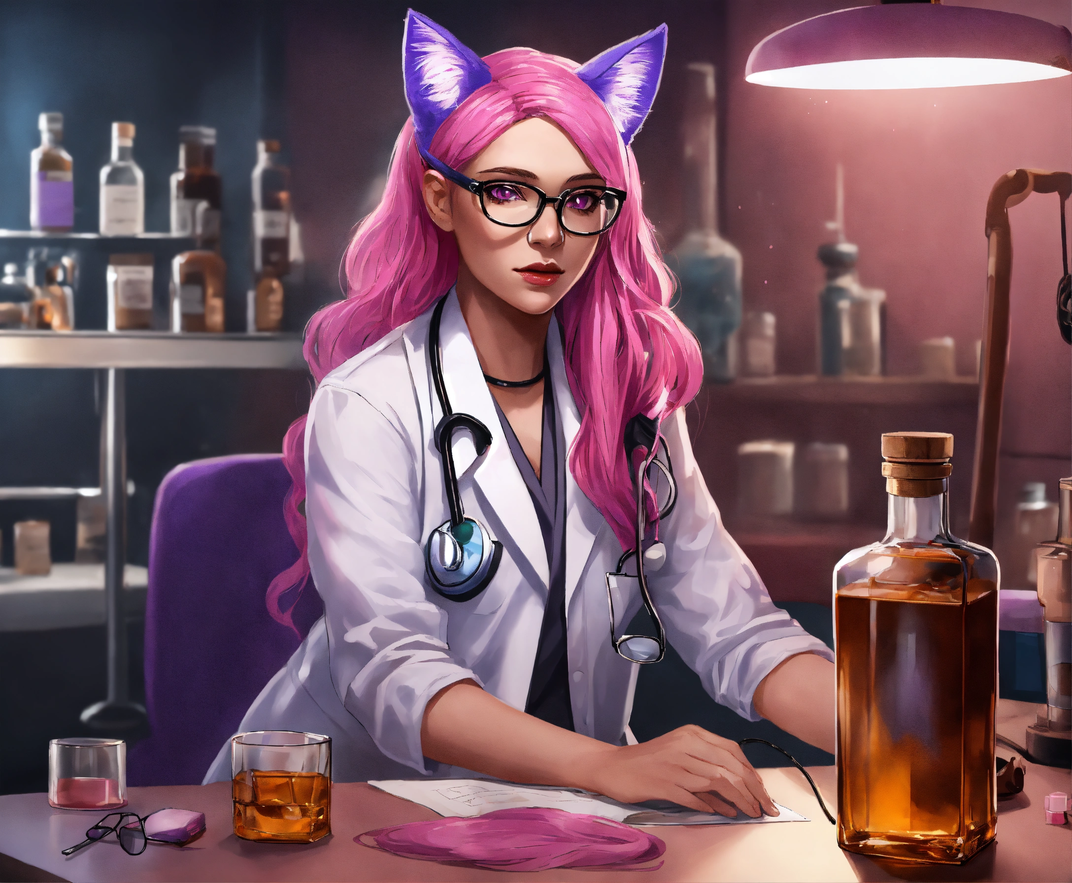Lexica - Female doctor, with long pink hair, with cat ears color black ...