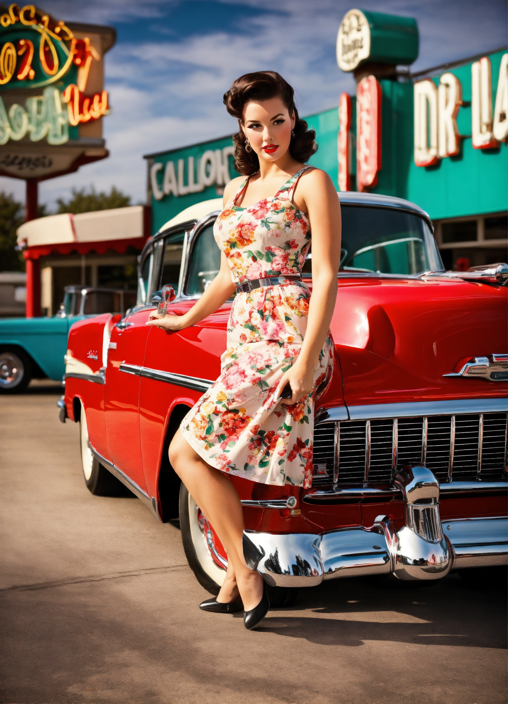 Lexica - 1955 Chevy Bel Air, pinup girl, brunette, retro, 1950’s diner