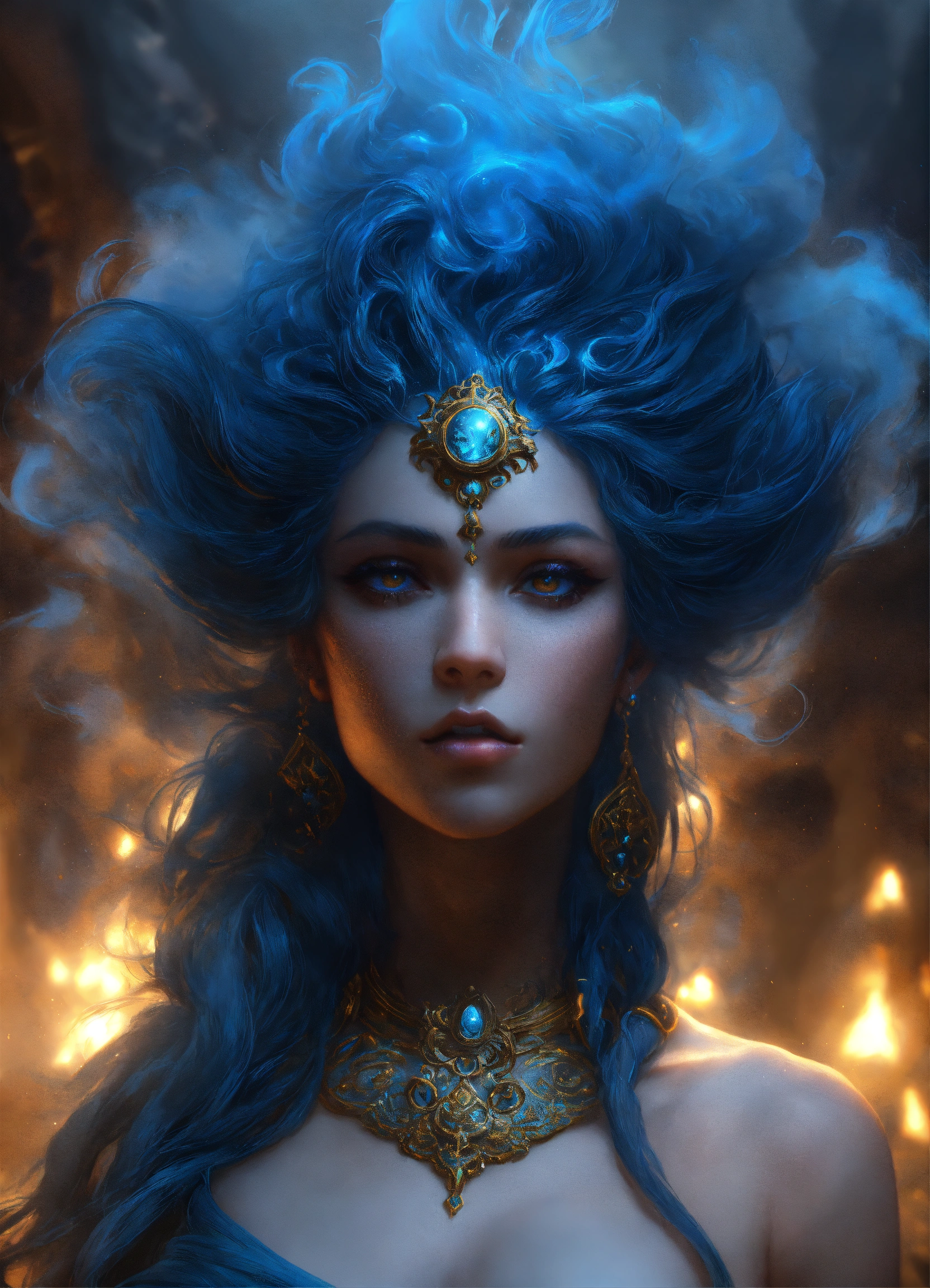 Lexica - "magical fantasy genie", huge flowing hair, blue skin, magic ...