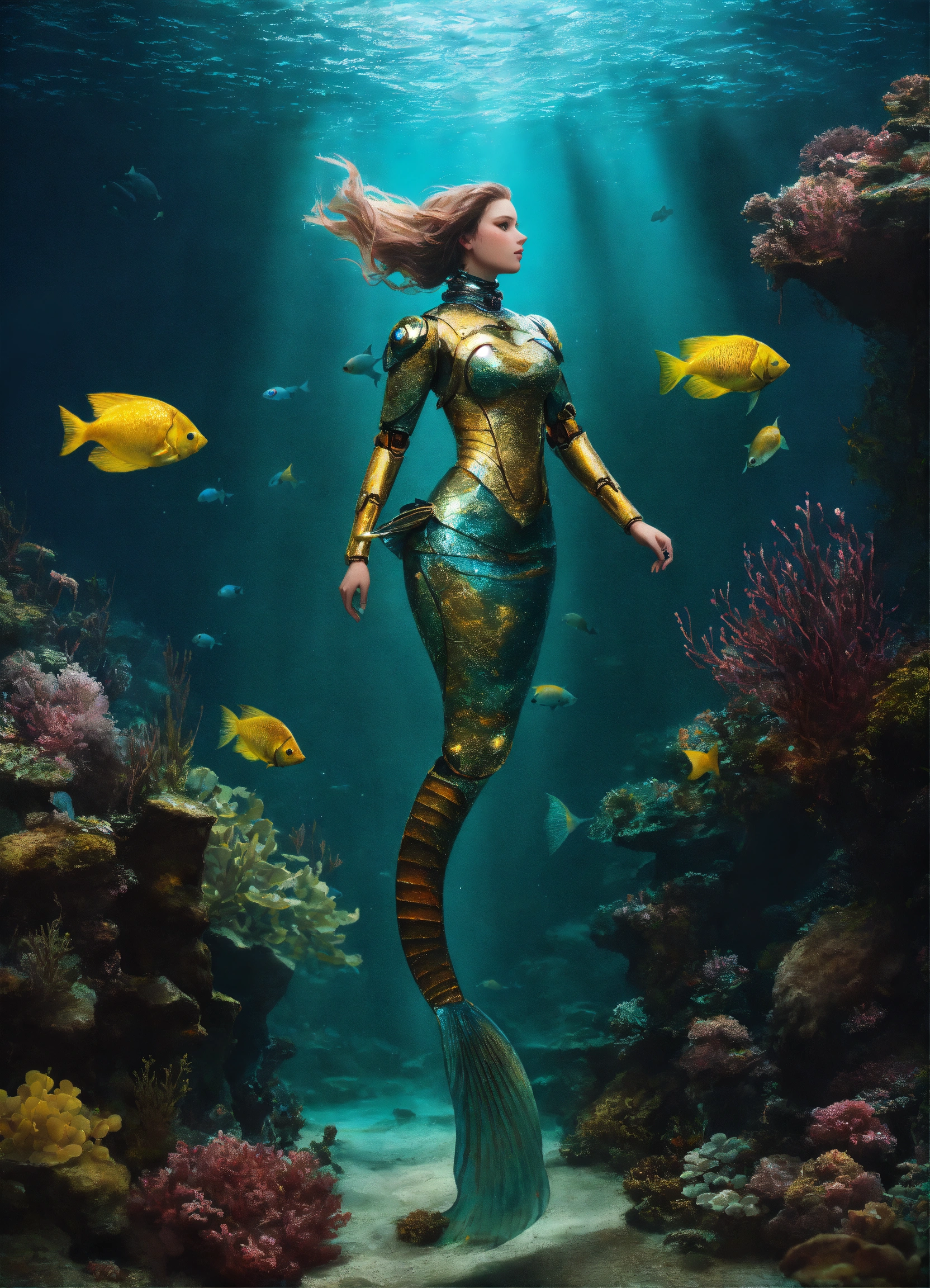 Lexica - A robot mermaid in the bottom of the sea, dark light , whit a ...