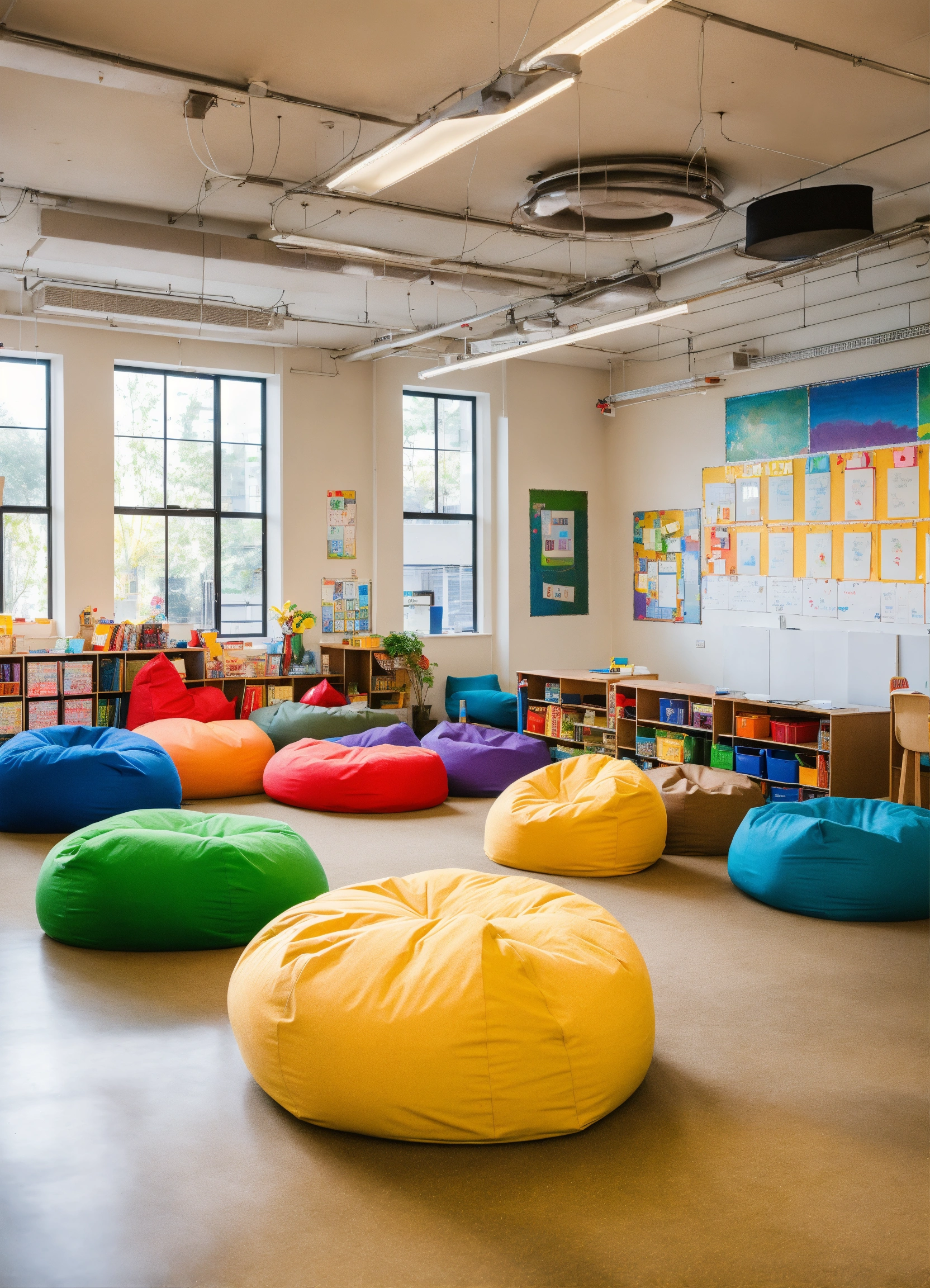 Lexica - A classroom with bean bags, an art corner with sofas, and ...