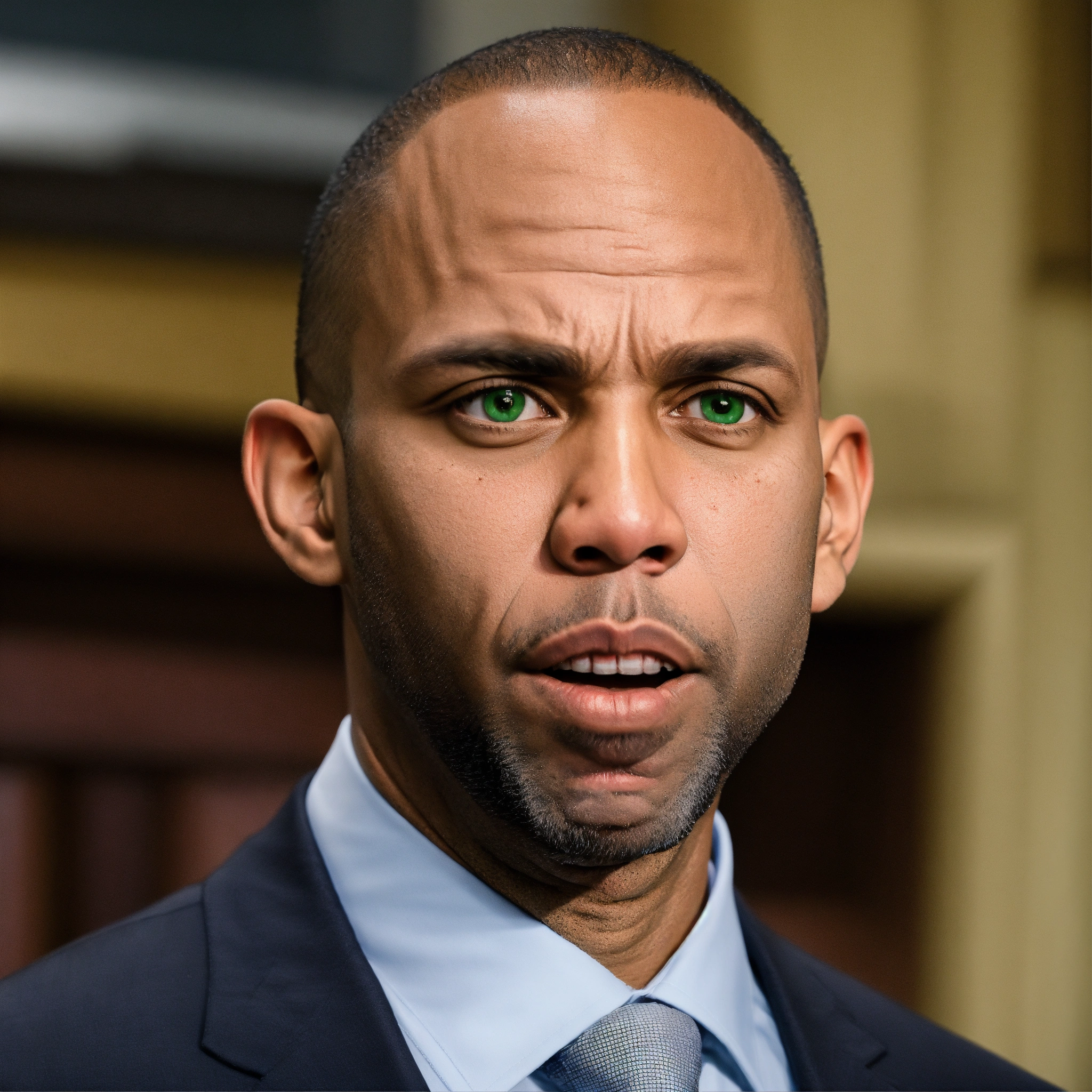 Lexica - HAKEEM JEFFRIES, green eyes, unshaven, acne on face, angry, mad
